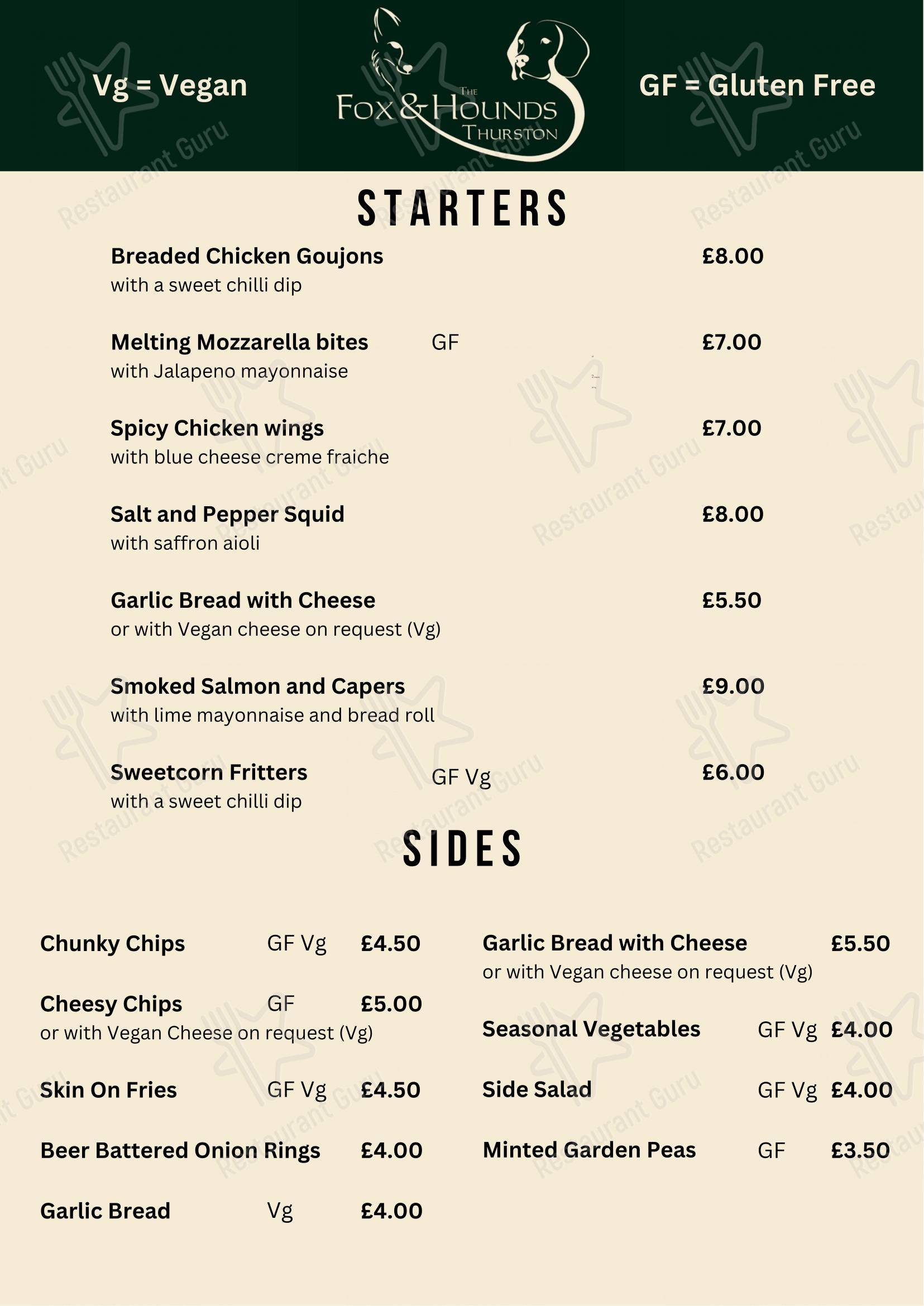 Menu at Fox and Hounds Thurston pub & bar, Thurston