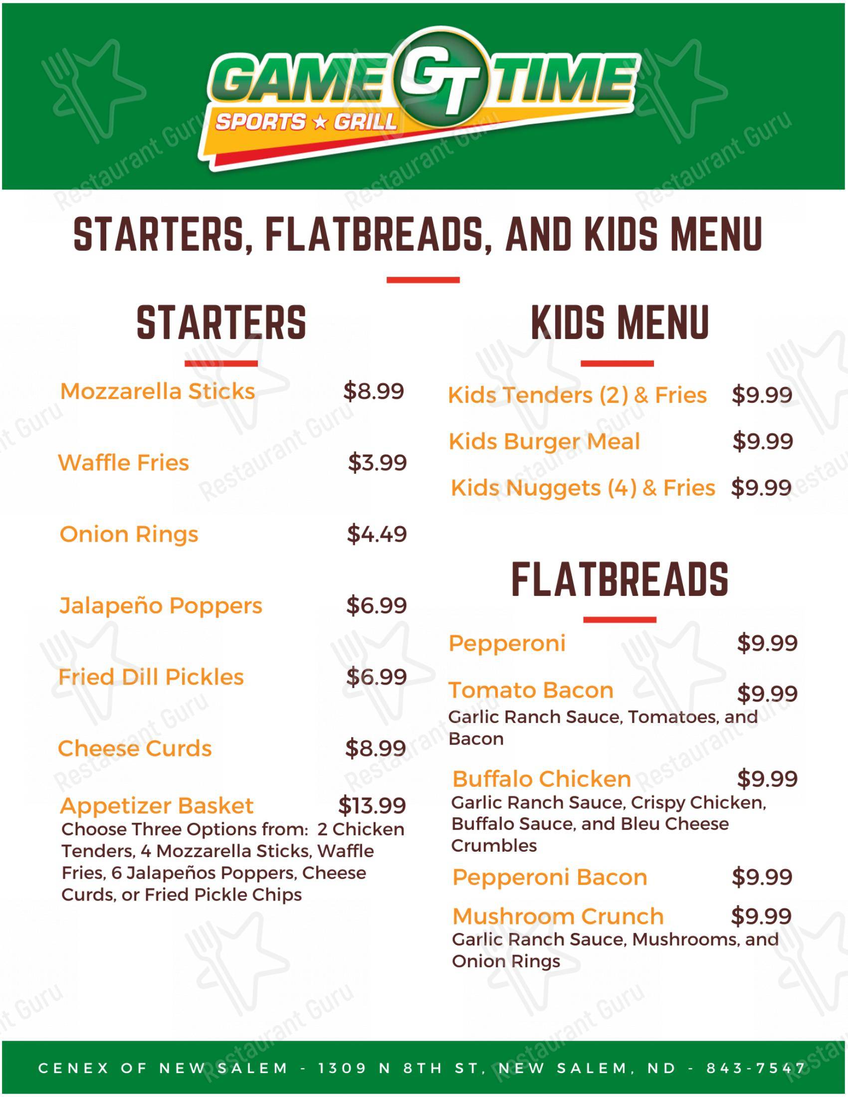 Menu at GameTime pub & bar, New Salem