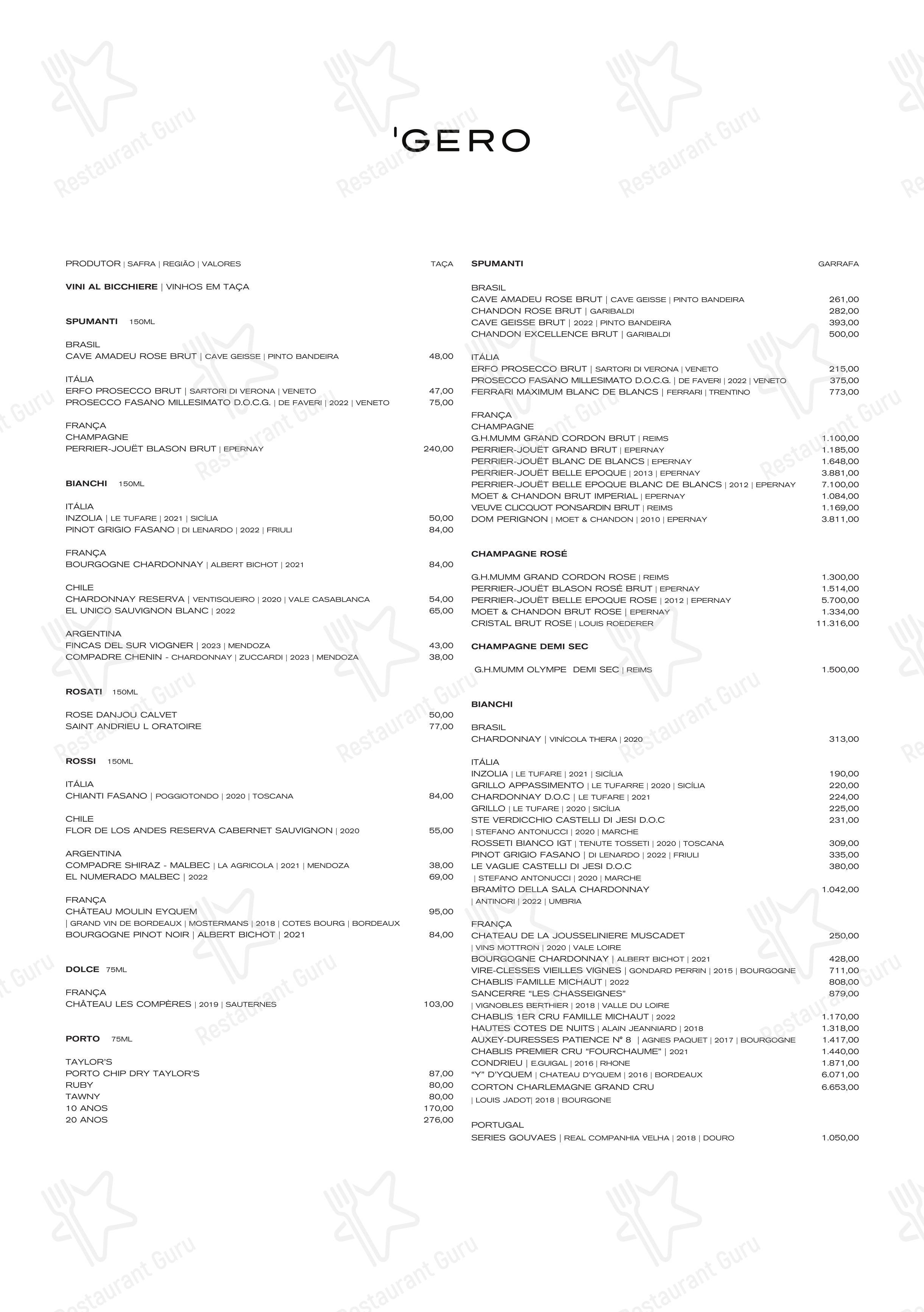 Menu em Gero restaurante, São Paulo, Rua Haddock Lobo