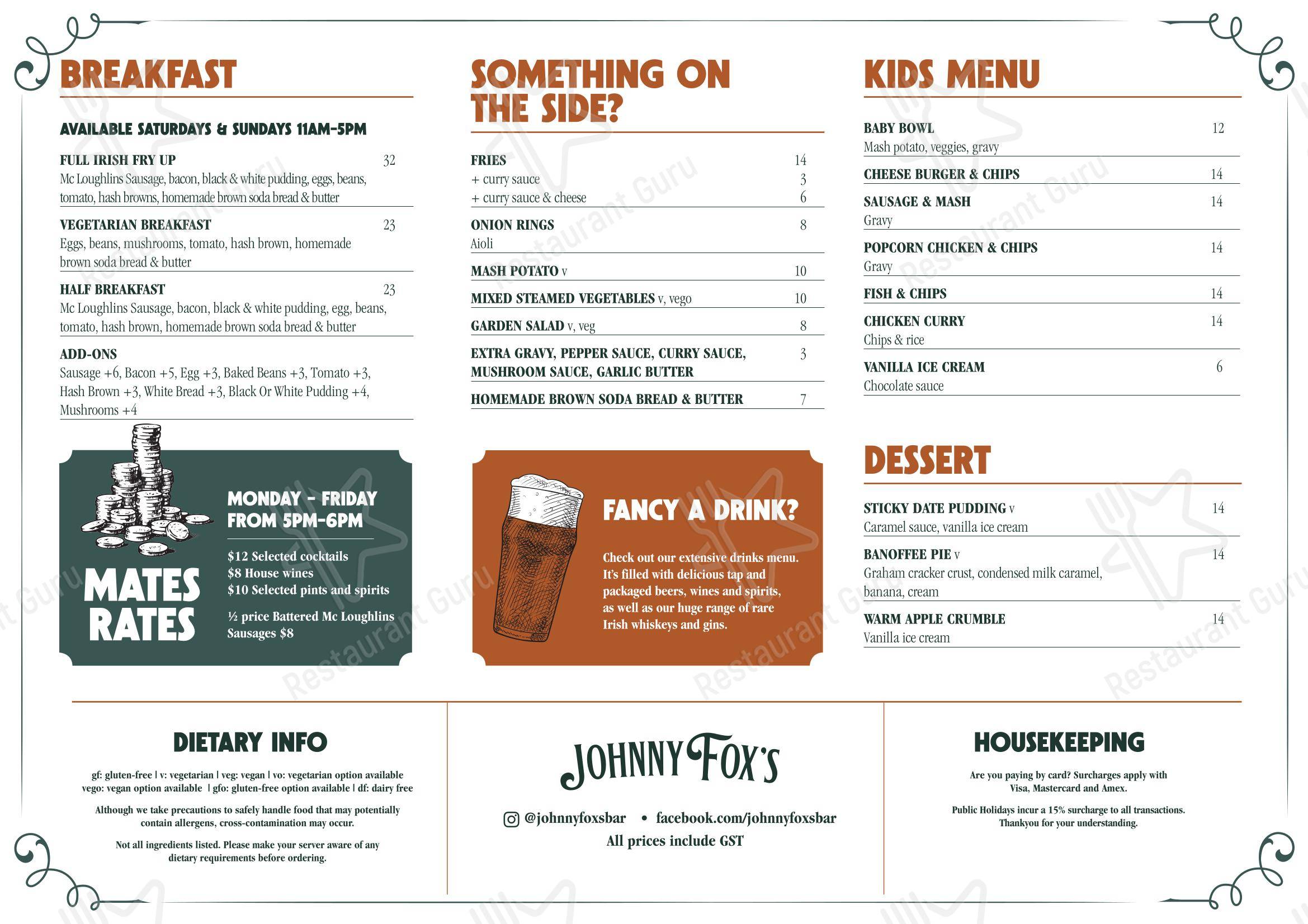 Menu at Johnny Fox’s pub & bar, Northbridge
