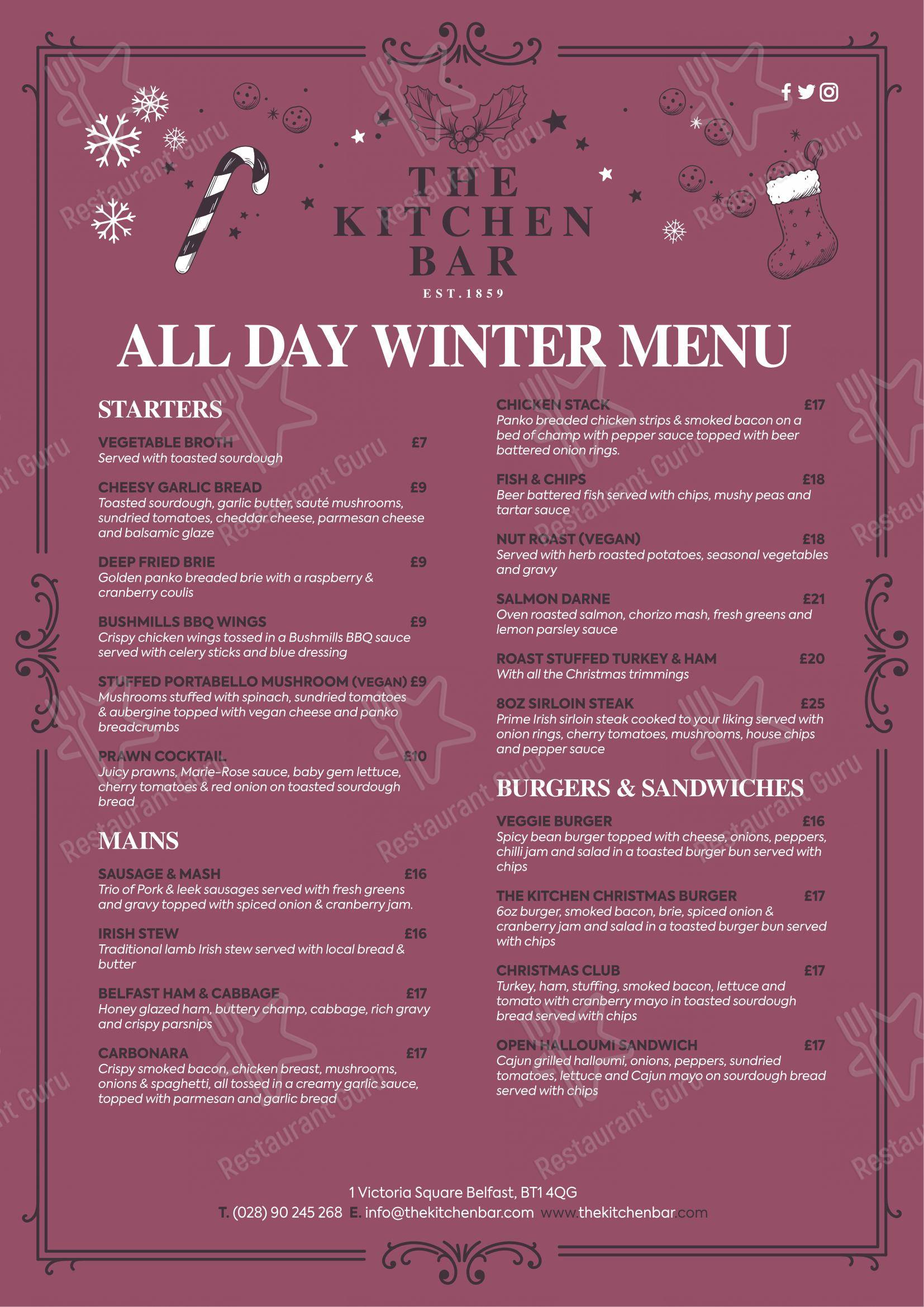 Menu at Kitchen Bar, Belfast, 1 Victoria Square