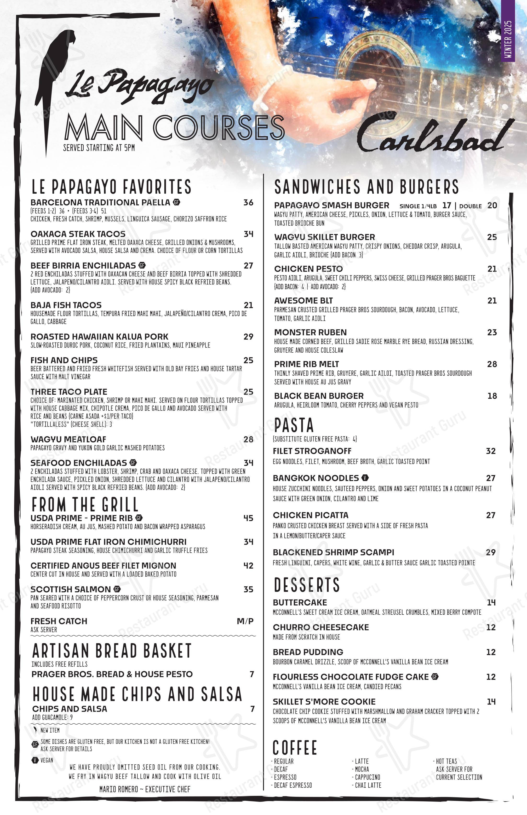 Menu at Le Papagayo Carlsbad pub & bar, Carlsbad