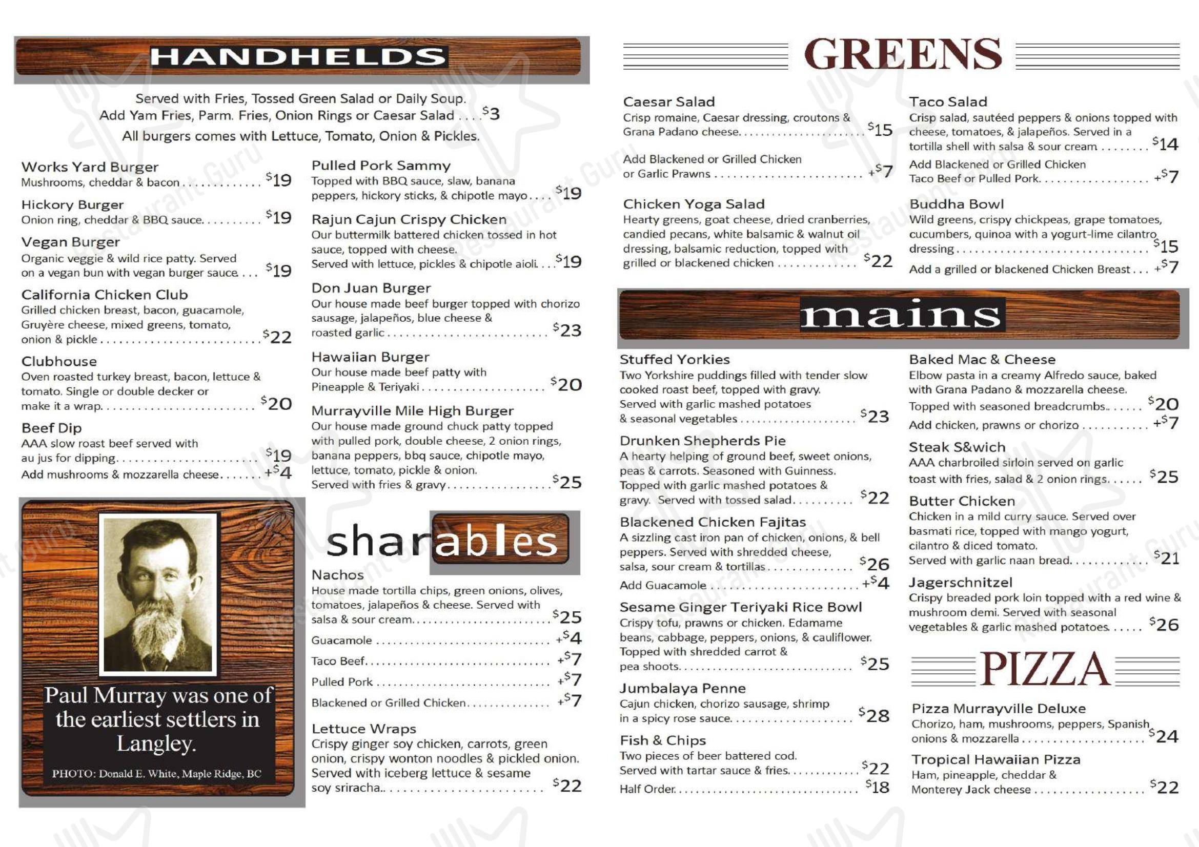 Menu at Murrayville Town Pub, Langley Township