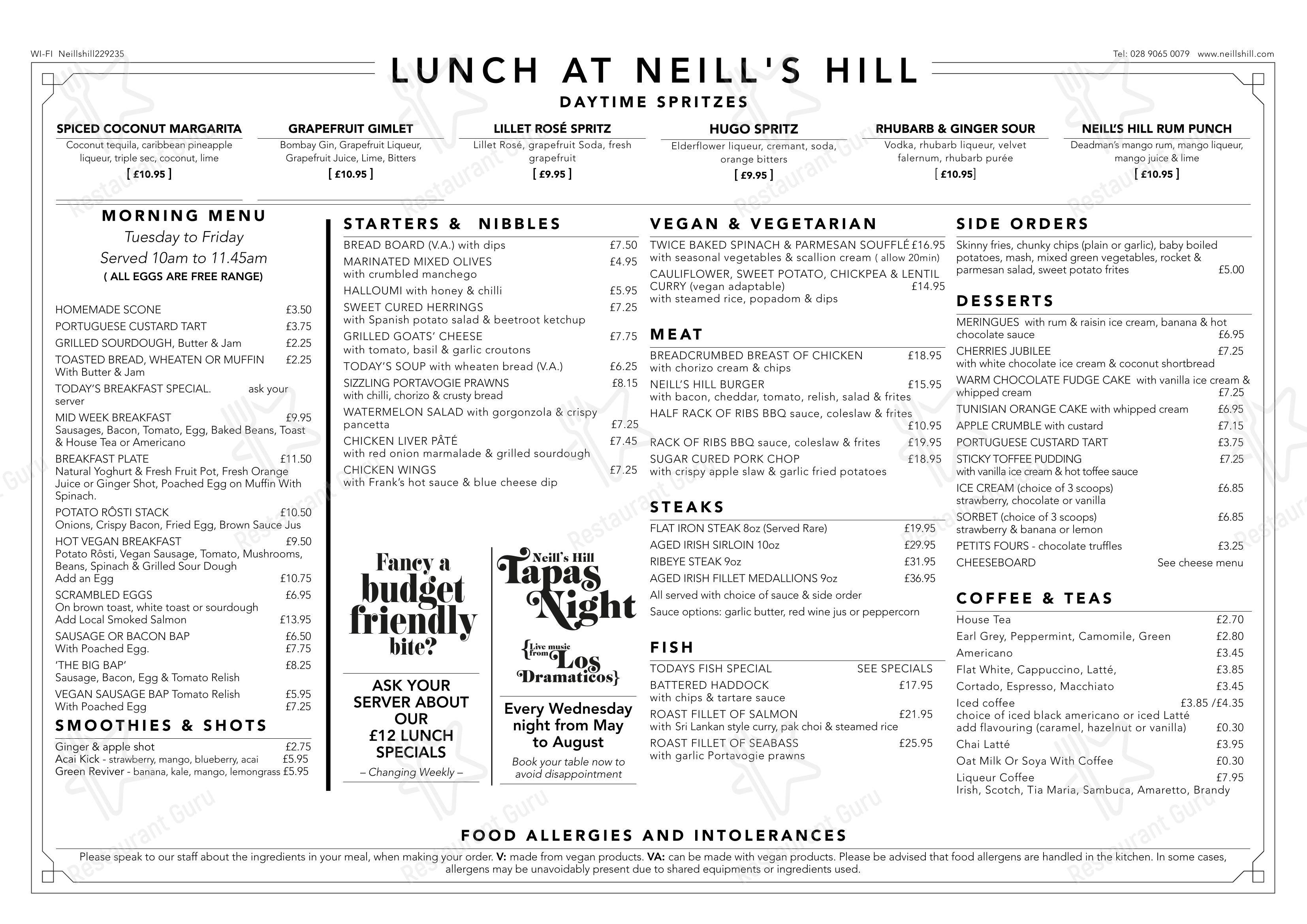 Menu at Neill's Hill Brasserie restaurant, Belfast