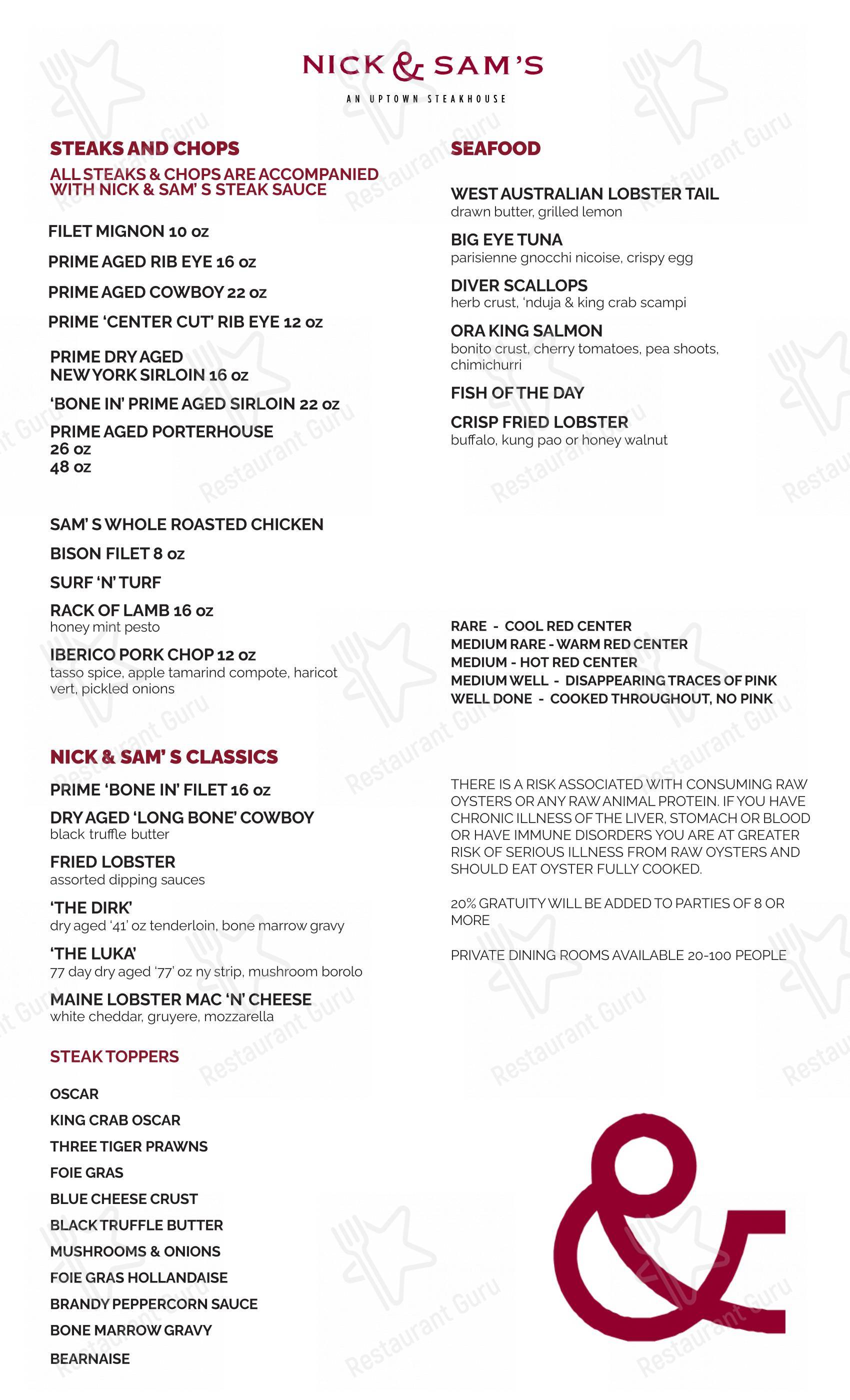 Menu at Nick & Sam's steakhouse, Dallas, Maple Ave