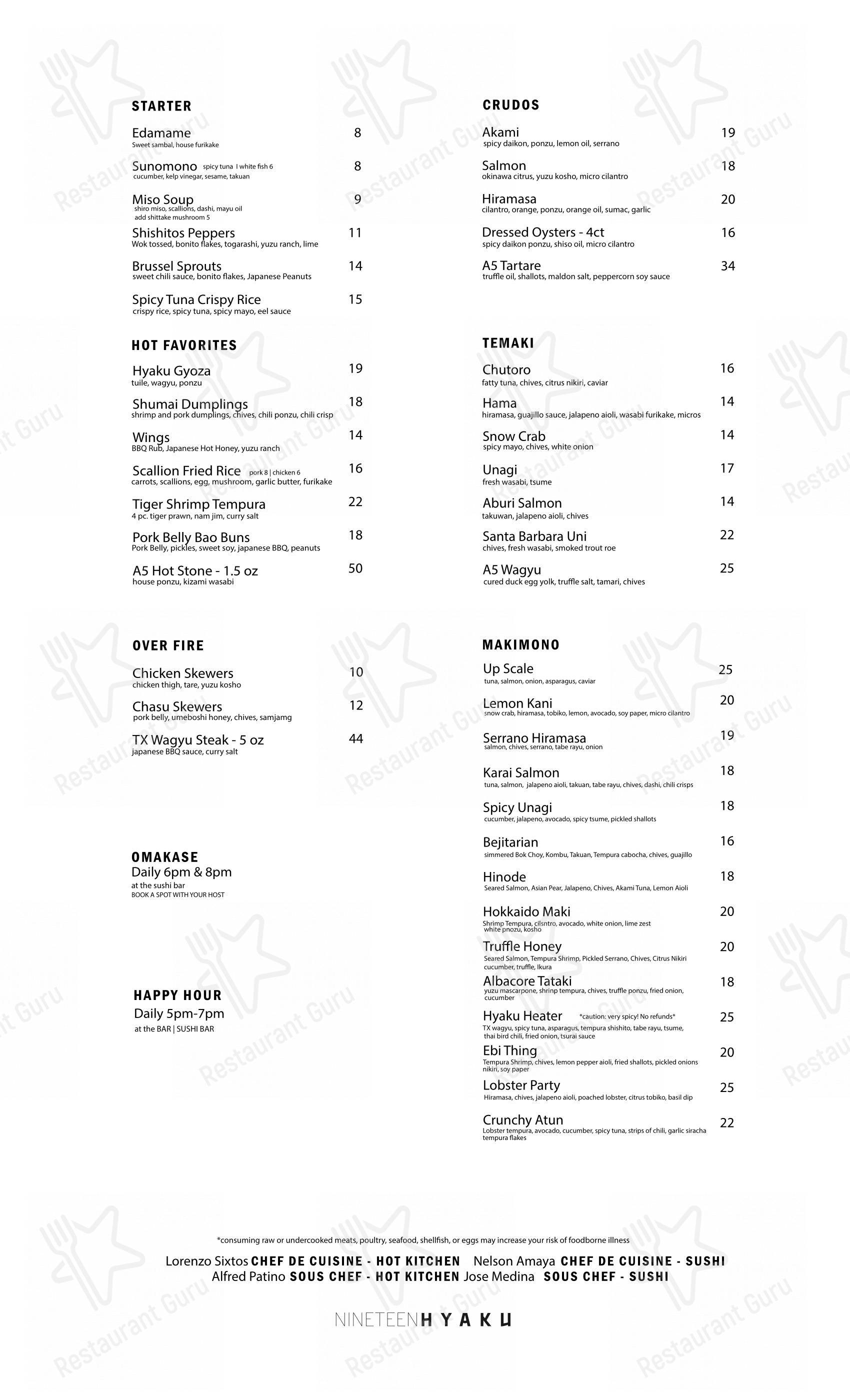Menu at Nineteen Hyaku restaurant, San Antonio