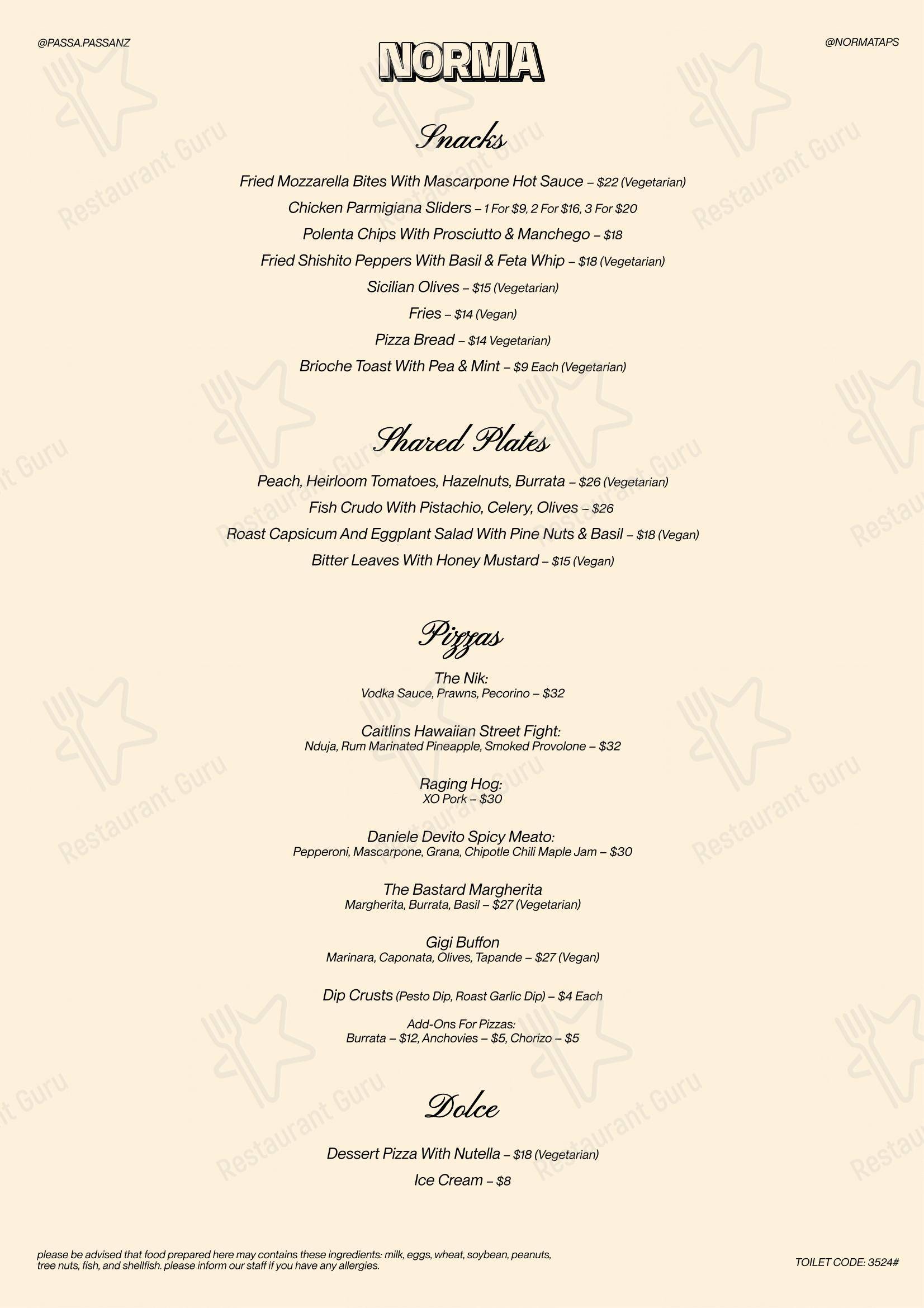 Menu at Norma Taps pub & bar, Auckland