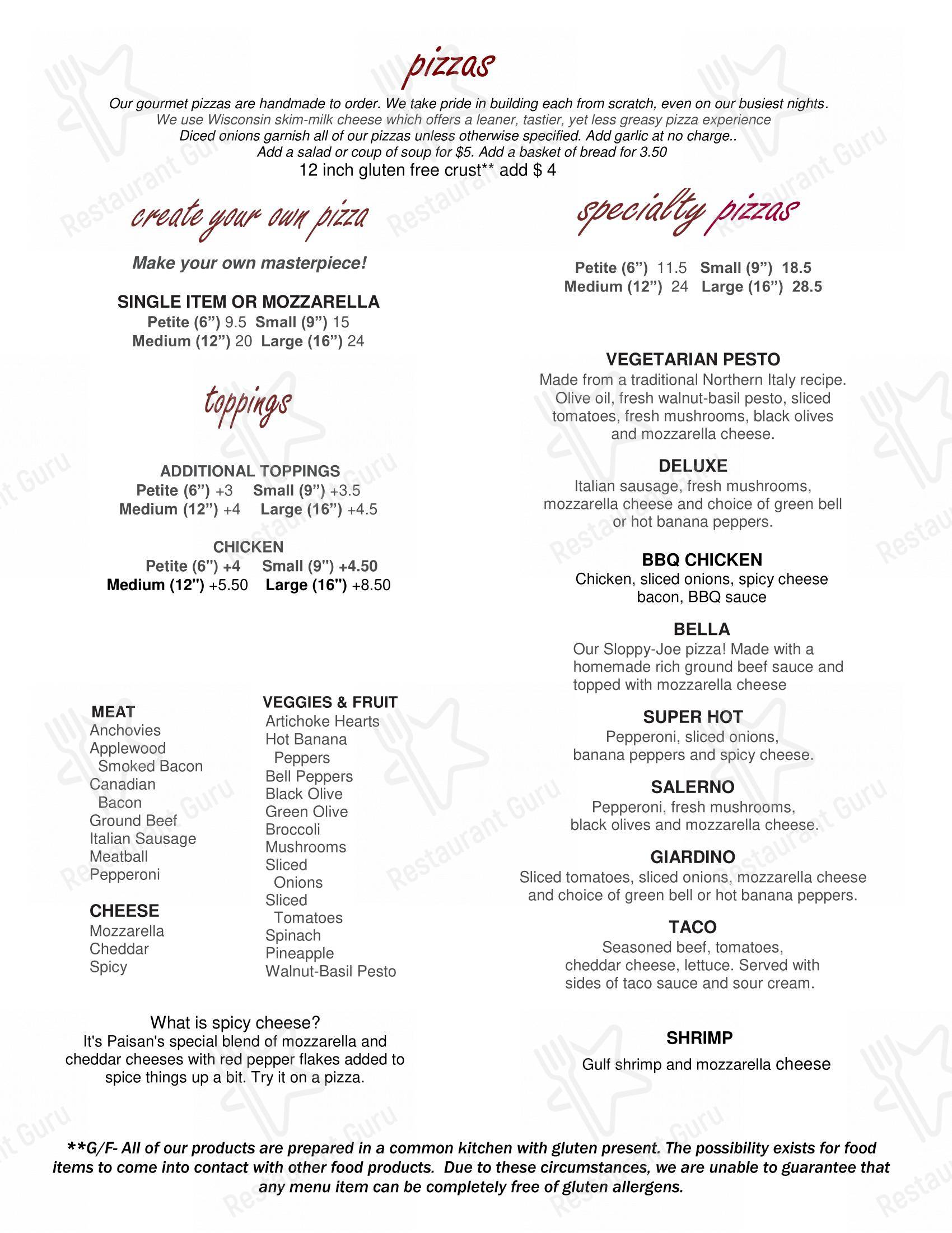 Menu at Paisan's Restaurant, Madison