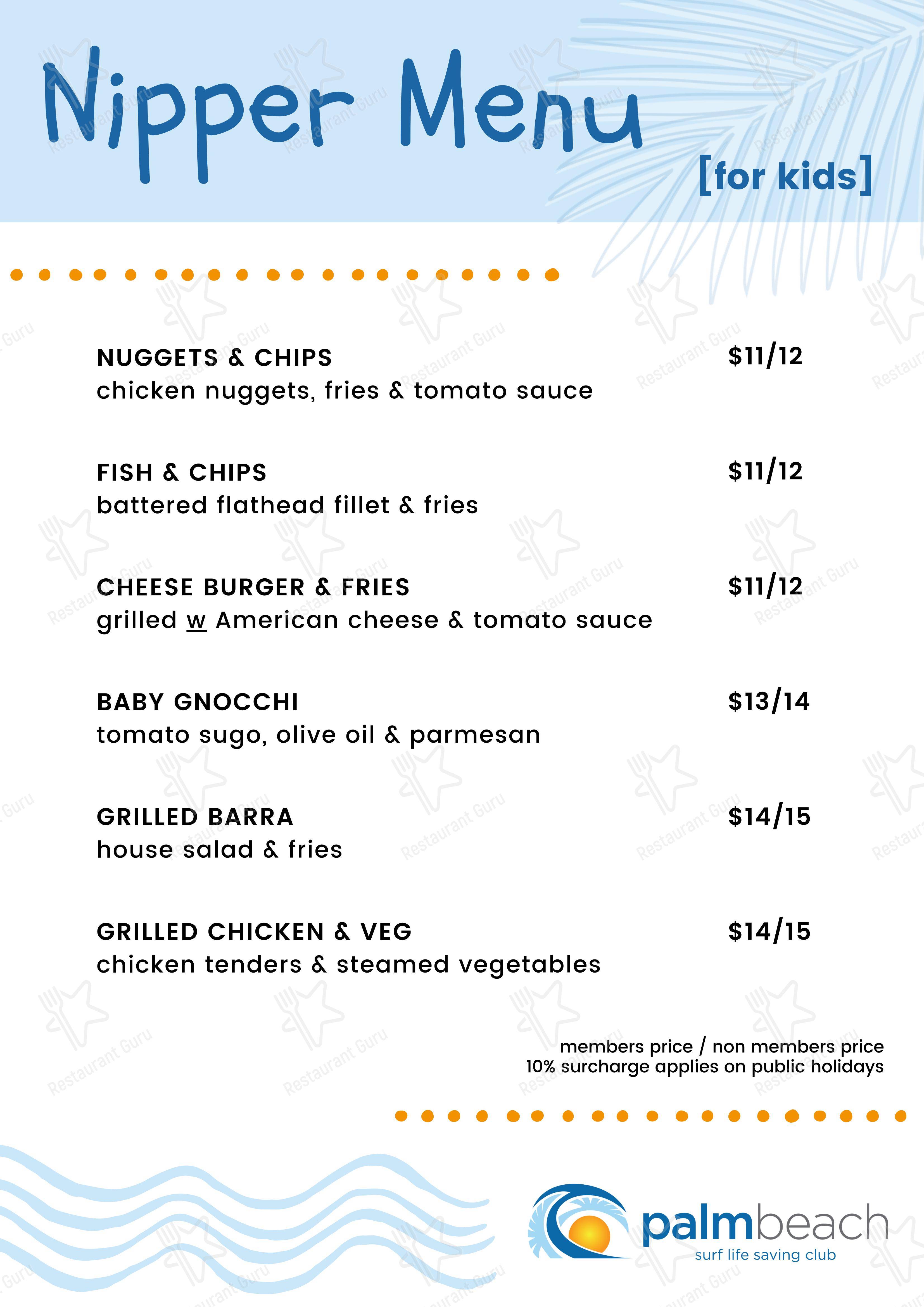 Menu at Palm Beach Surf Club, Palm Beach