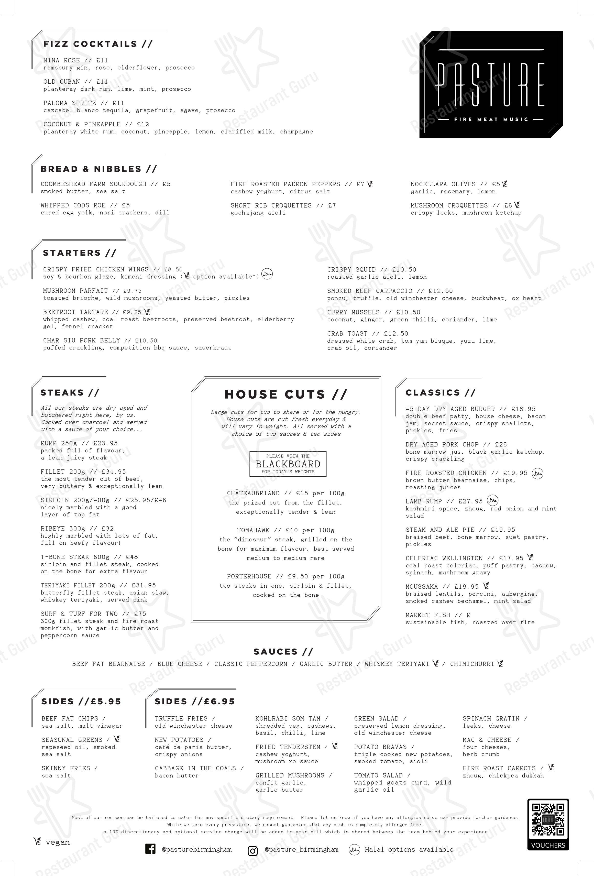 Menu at Pasture Birmingham restaurant, Birmingham