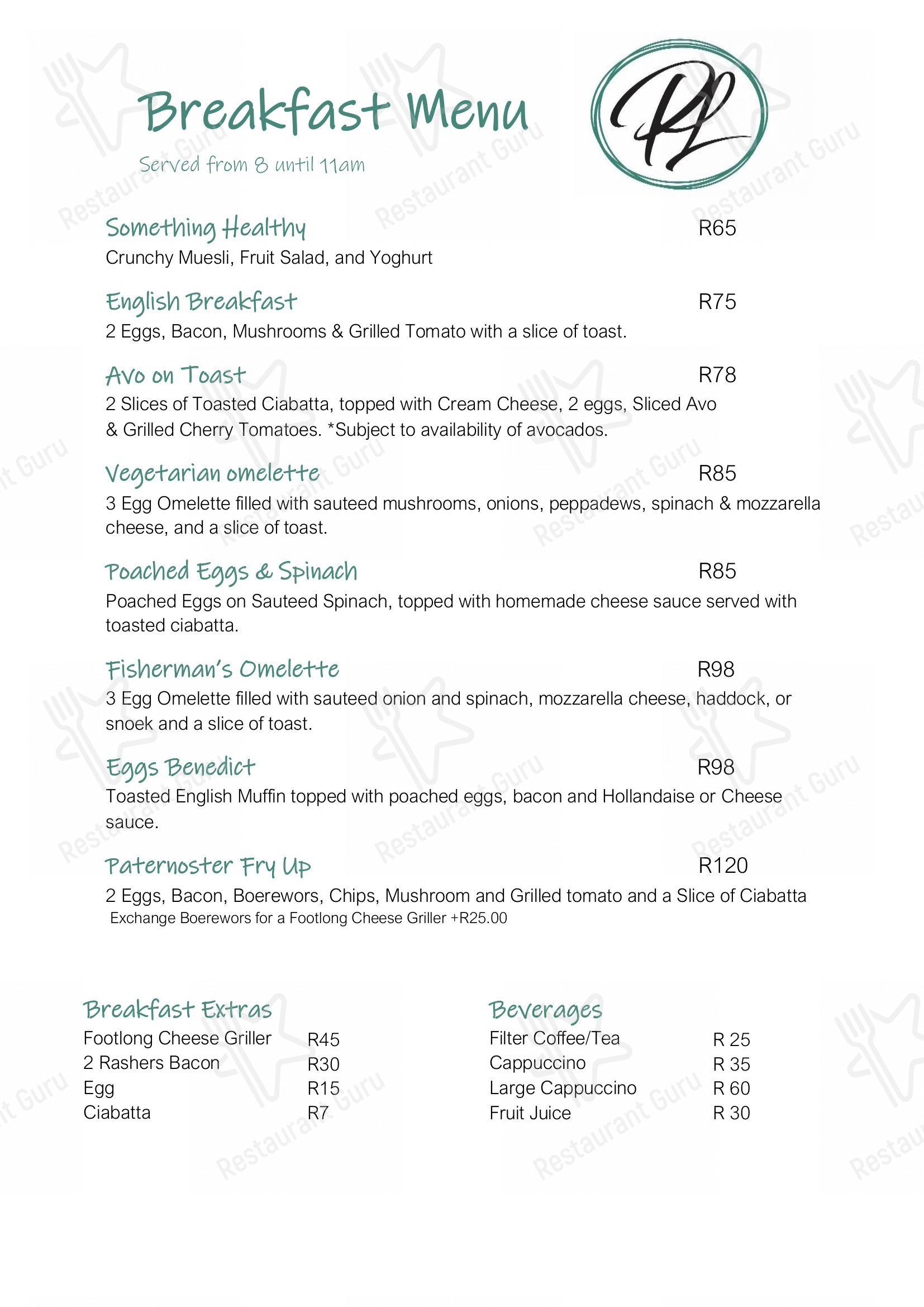 Menu at Paternoster Lodge restaurant, Paternoster