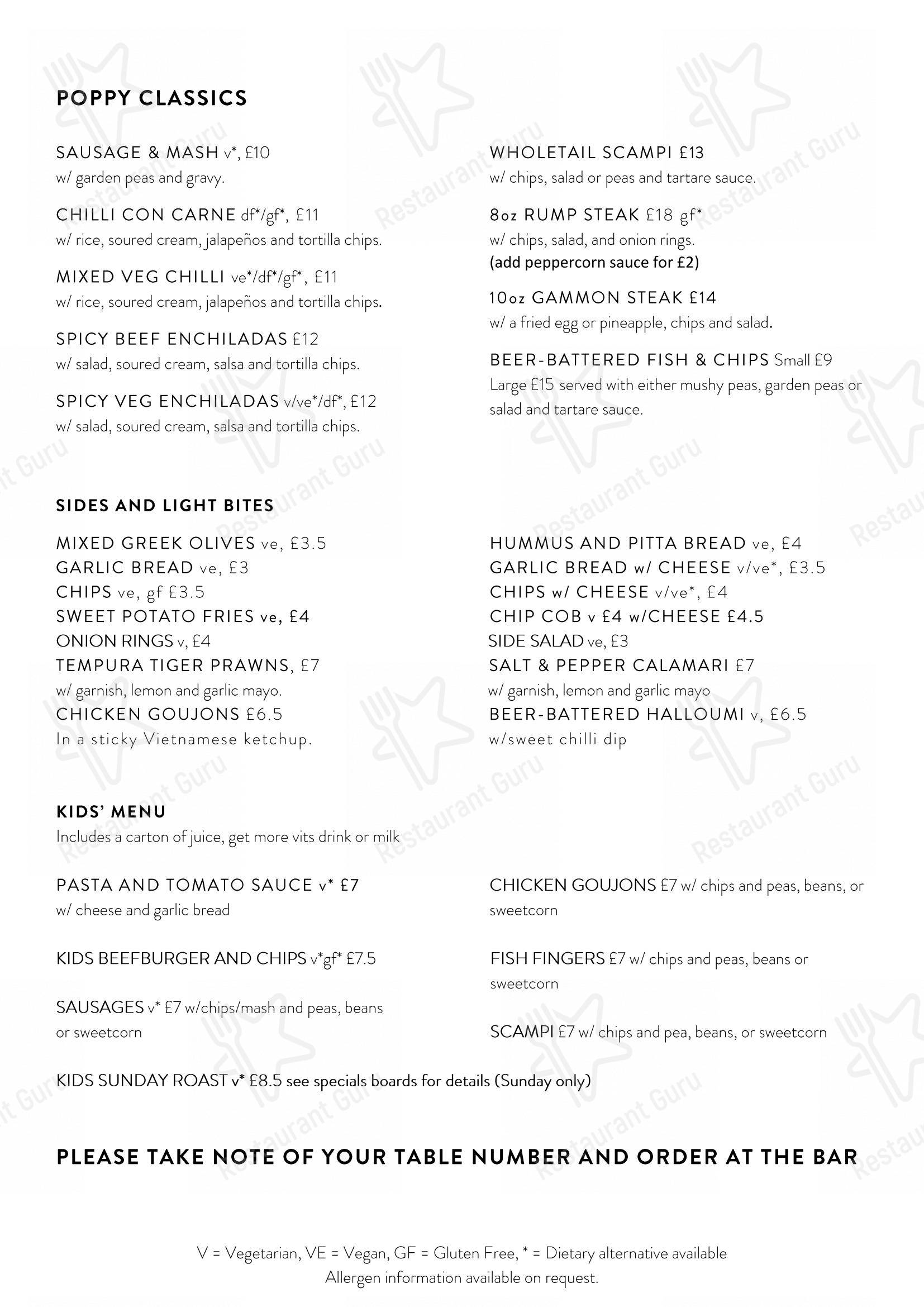 Menu at Poppy & Pint pub & bar, Nottingham
