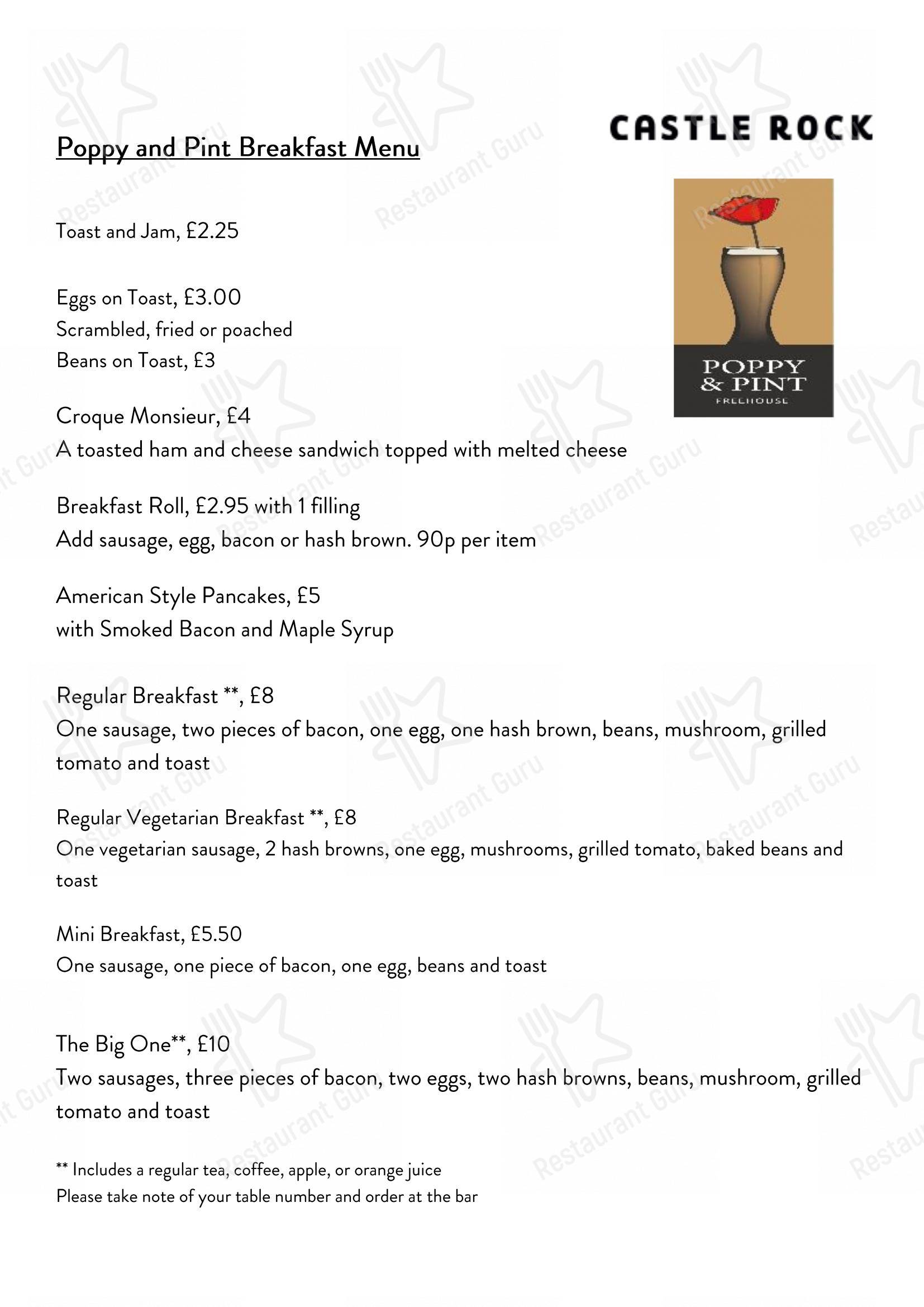 Menu at Poppy & Pint pub & bar, Nottingham