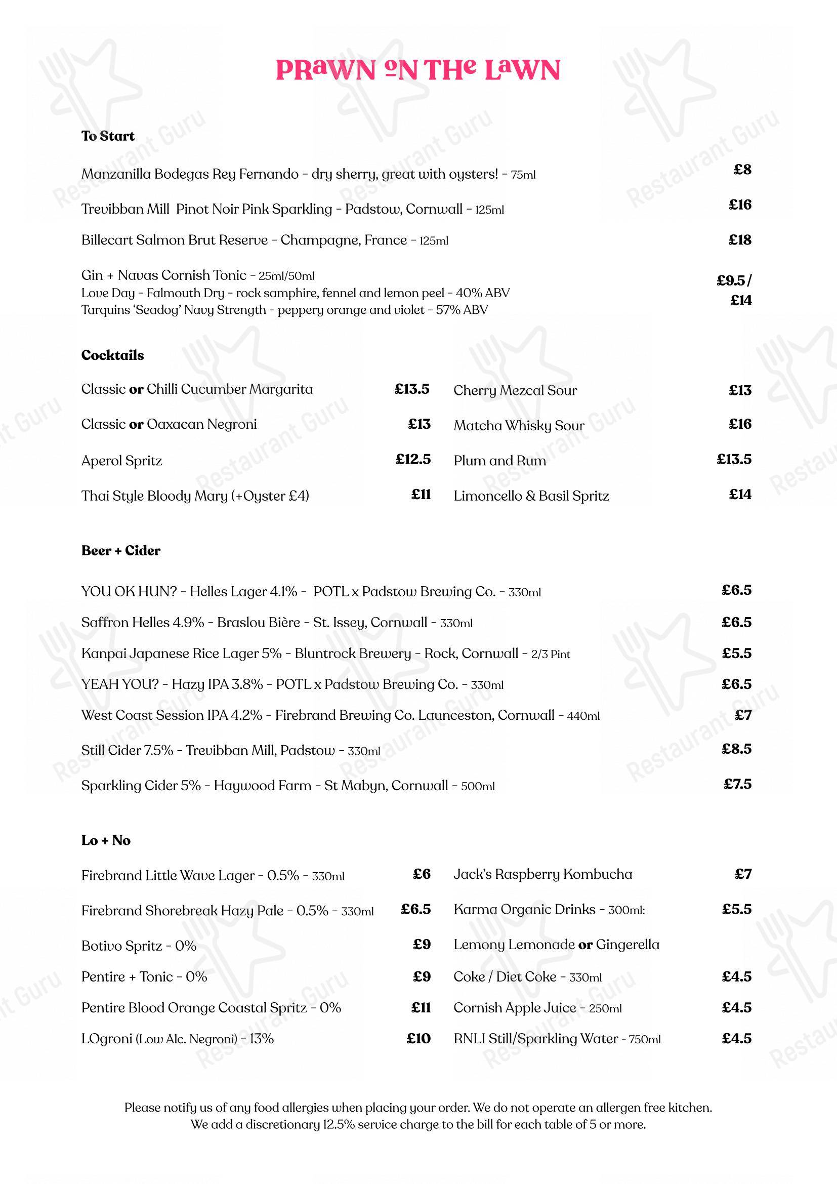Menu at Prawn on the Lawn restaurant, Padstow