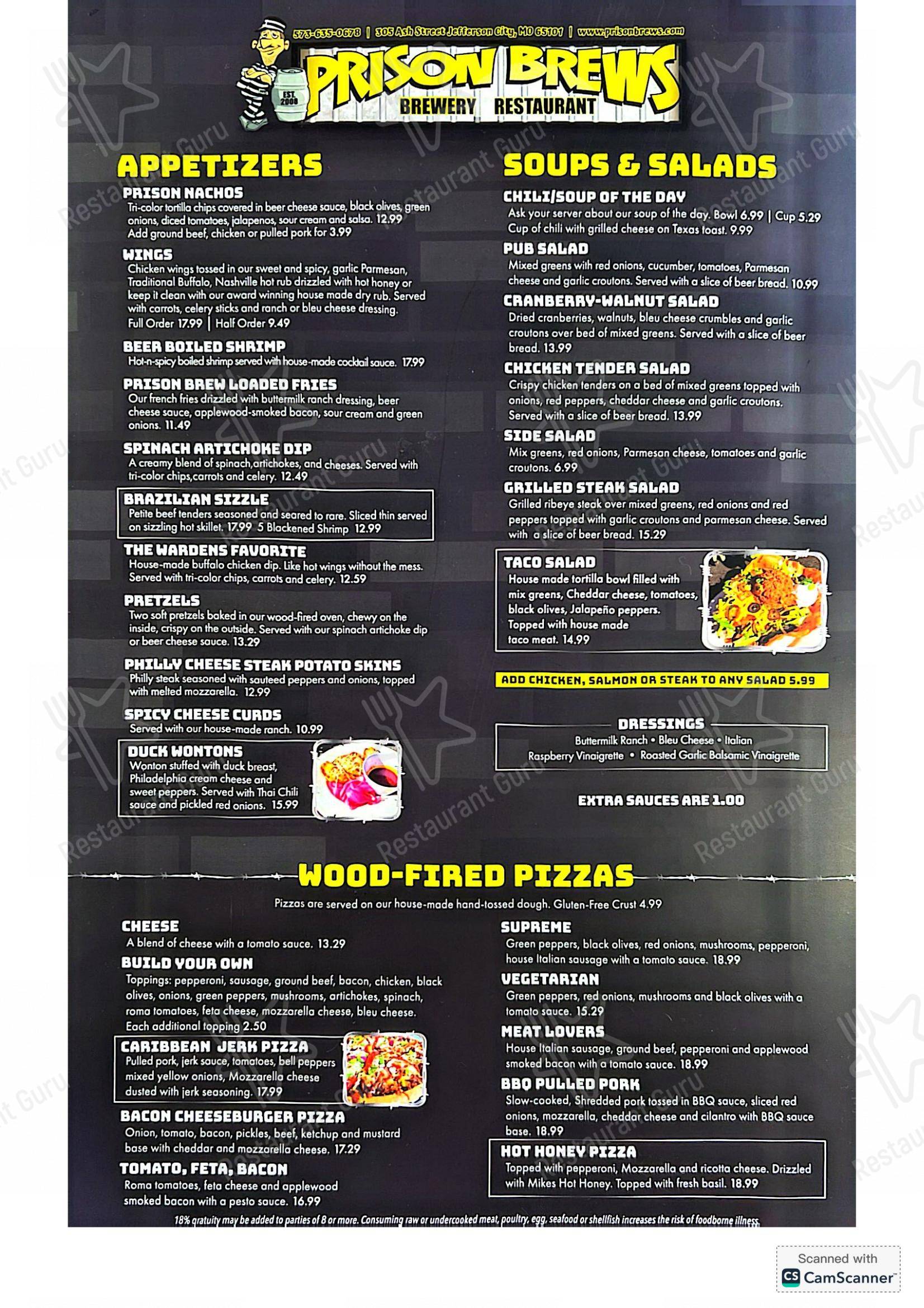Menu at Prison Brews pub & bar, Jefferson City