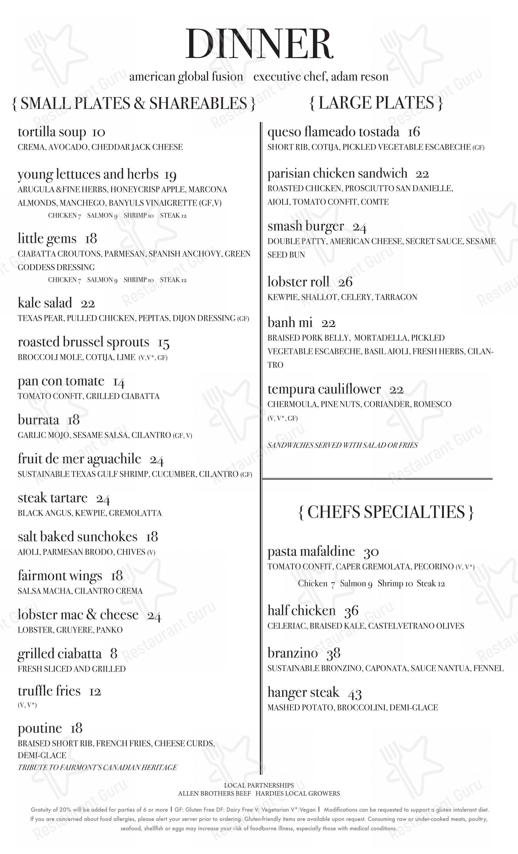 Menu at Pyramid restaurant, Dallas