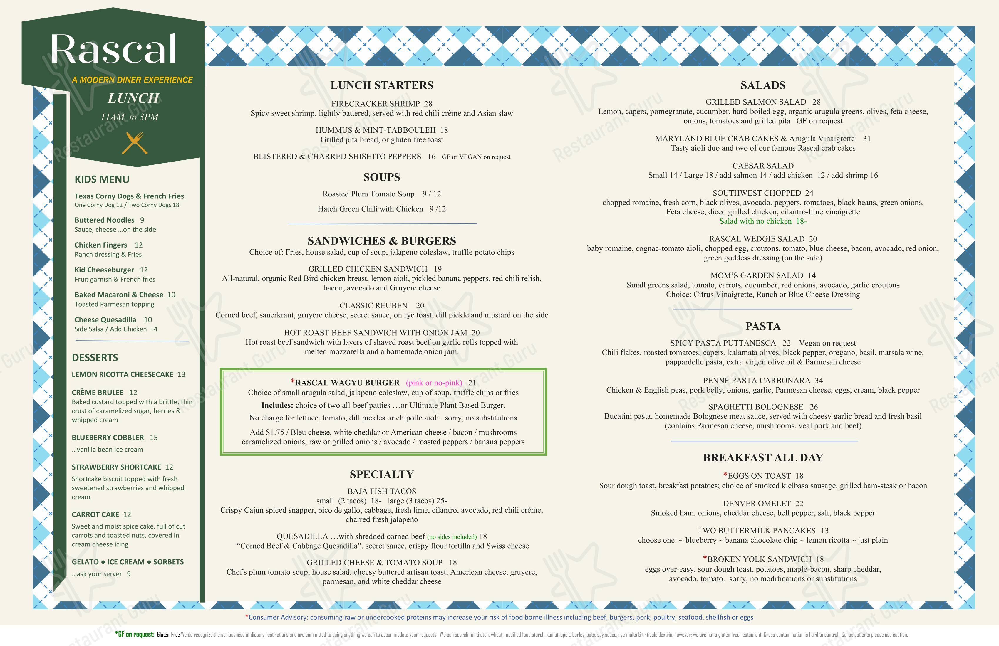 Menu at Rascal Modern American Diner & Bar, Sedona