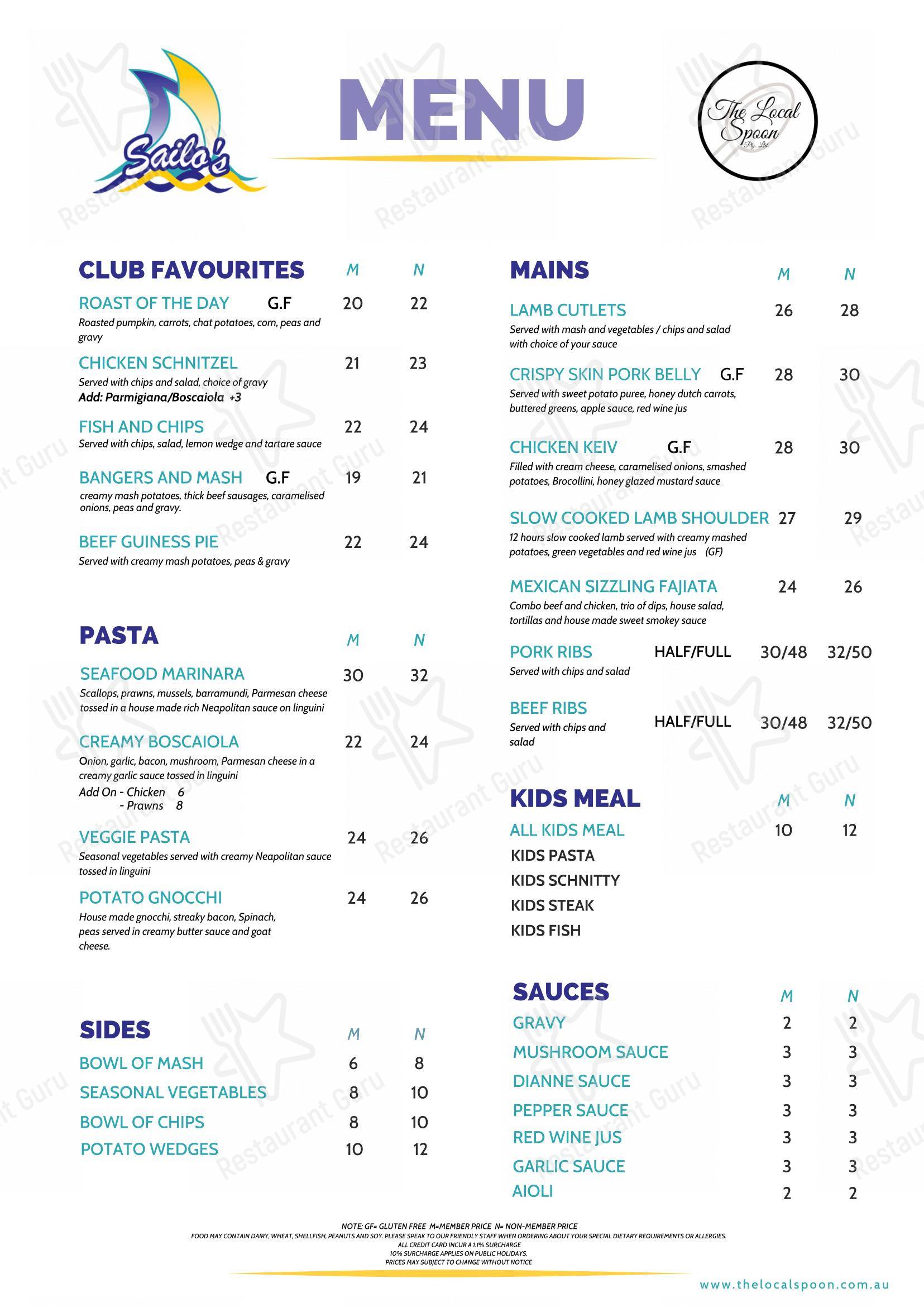 Menu at Sailo's (Taree Aquatic Club), Taree