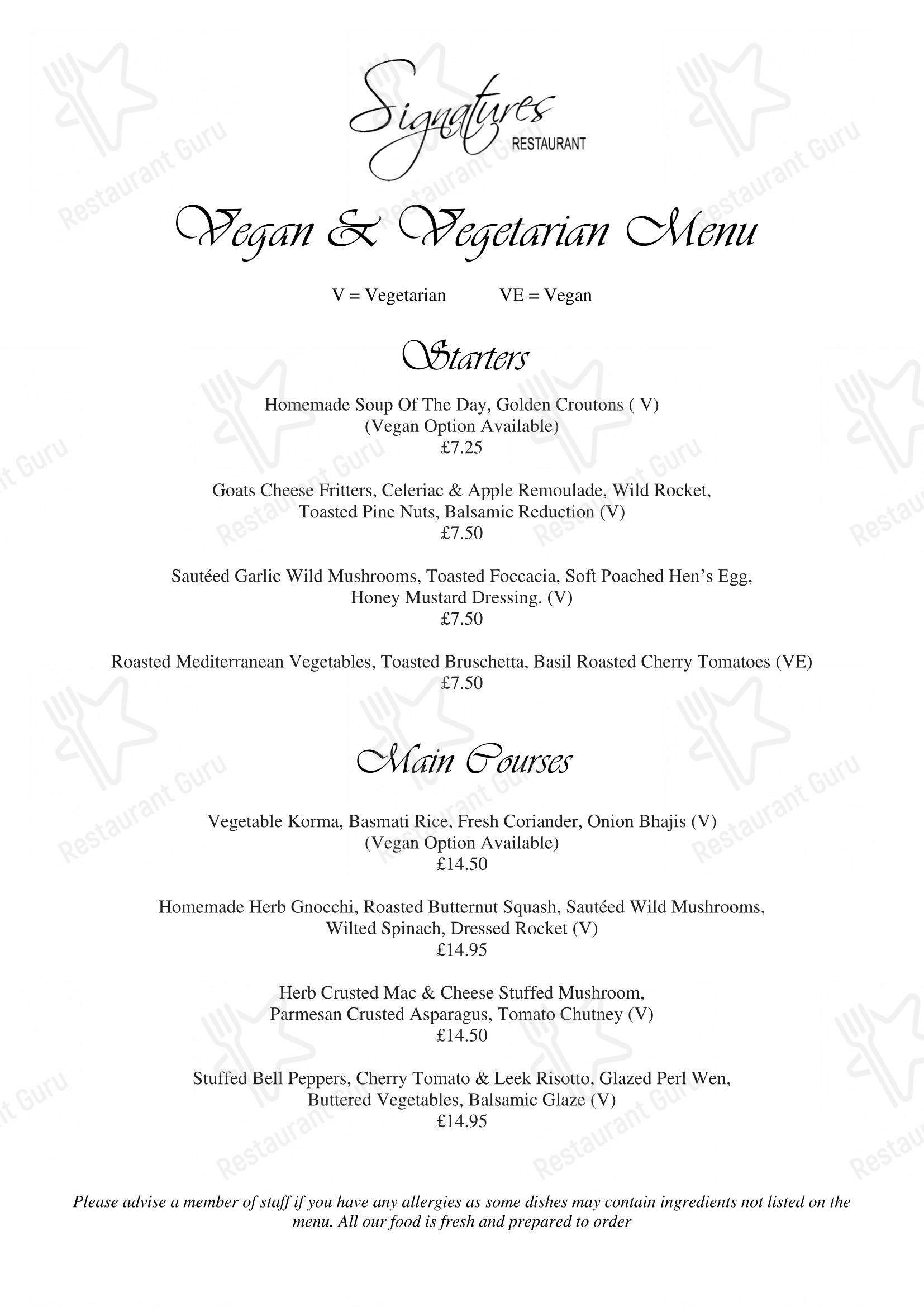Menu at Signatures Restaurant, Conwy