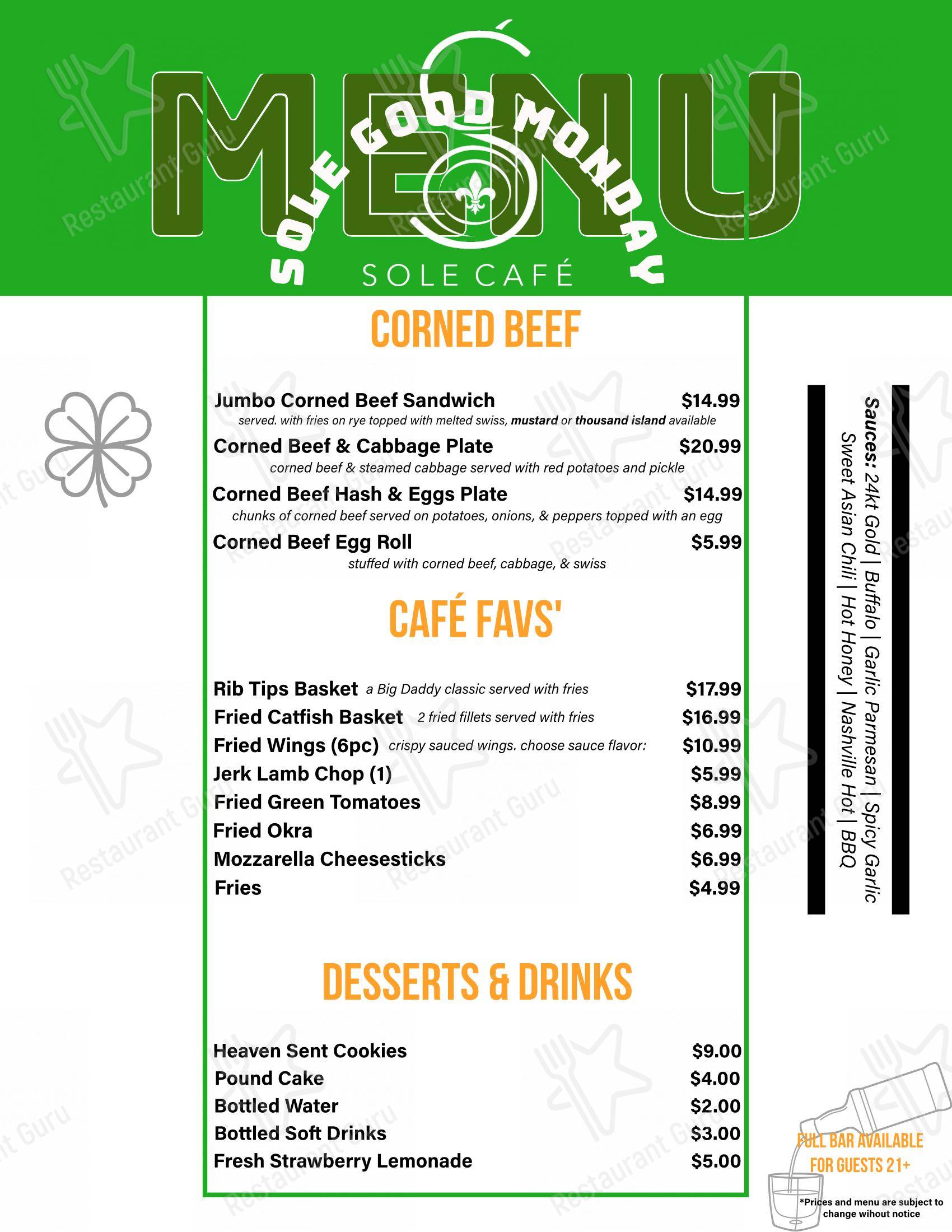 Menu at Sole Cafe by Big Daddy’s BBQ, Gary