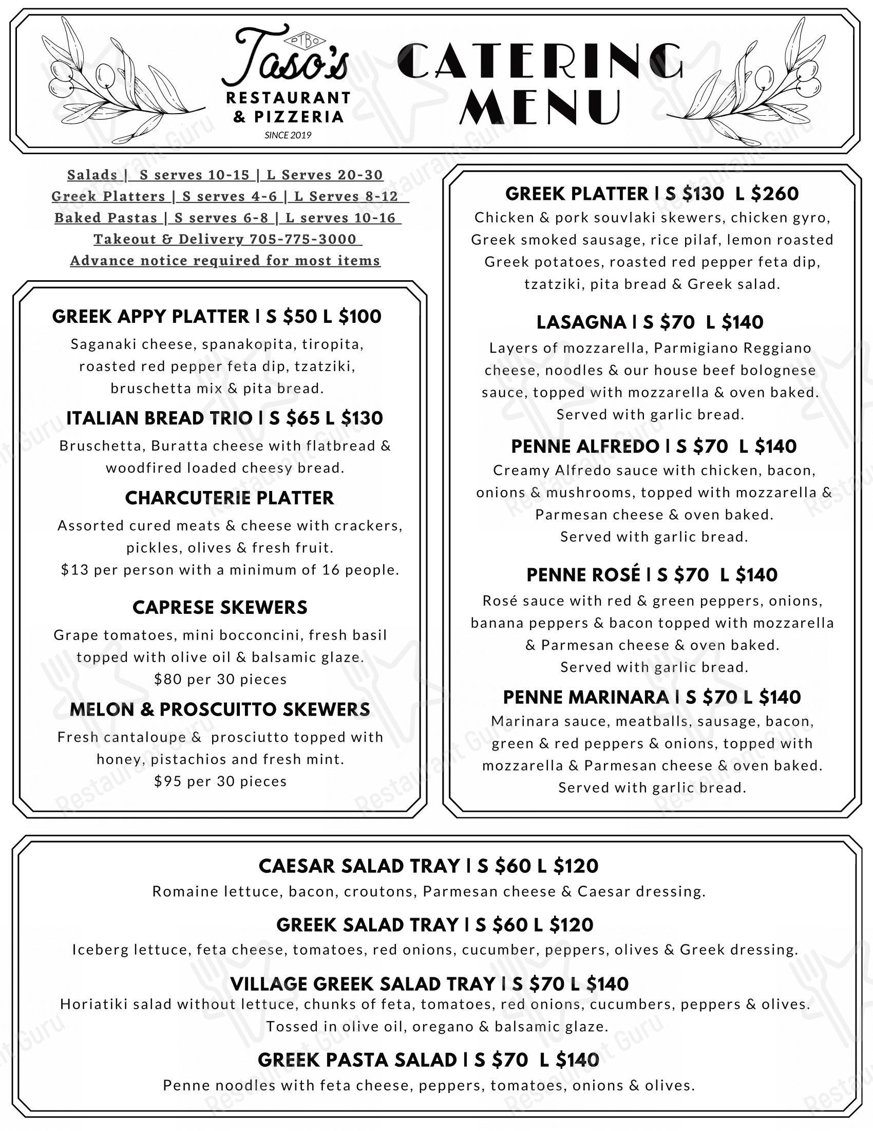 Menu at Taso's Restaurant and Pizzeria, Kawartha Lakes