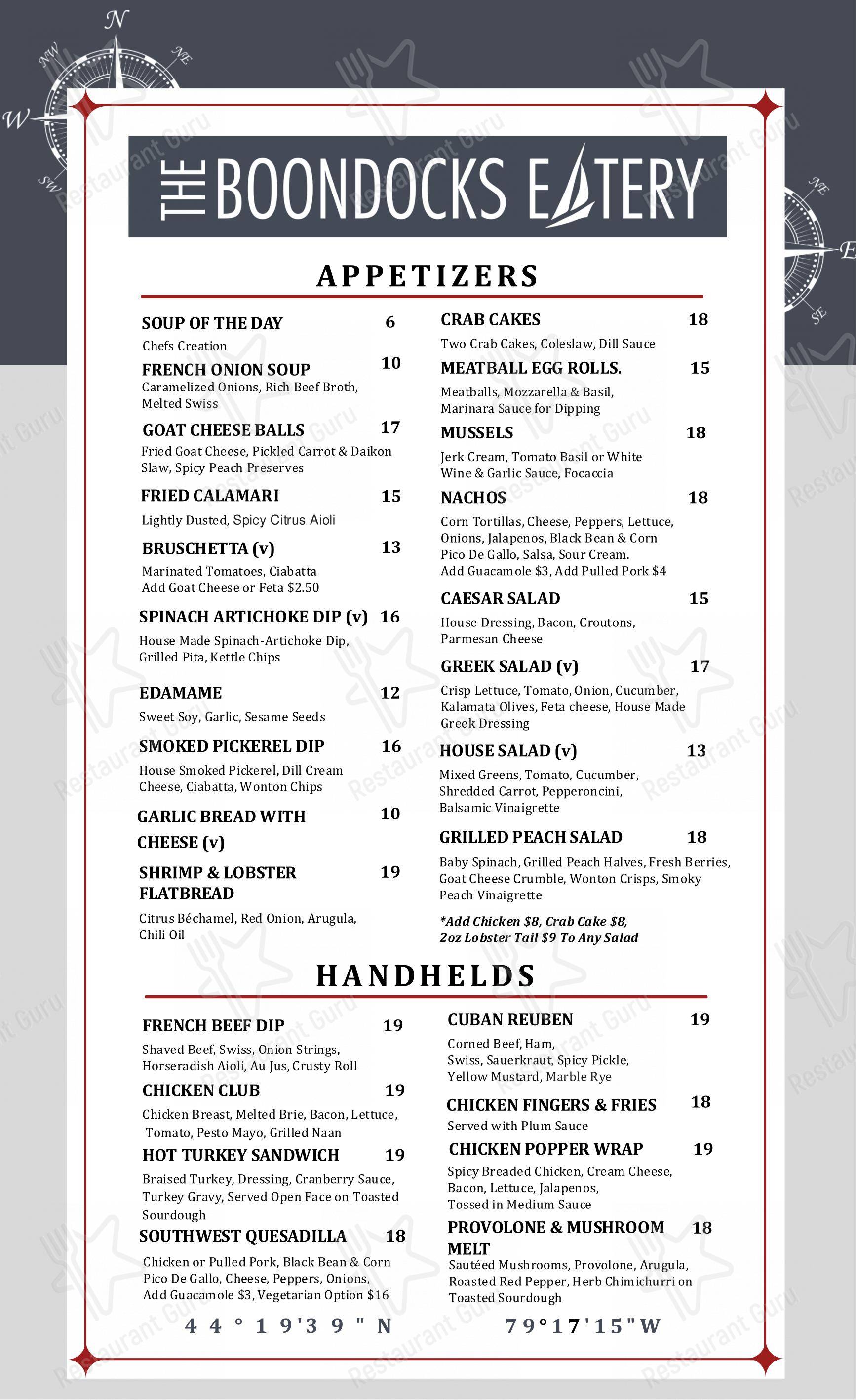 Menu at The Boondocks Eatery restaurant, Georgina