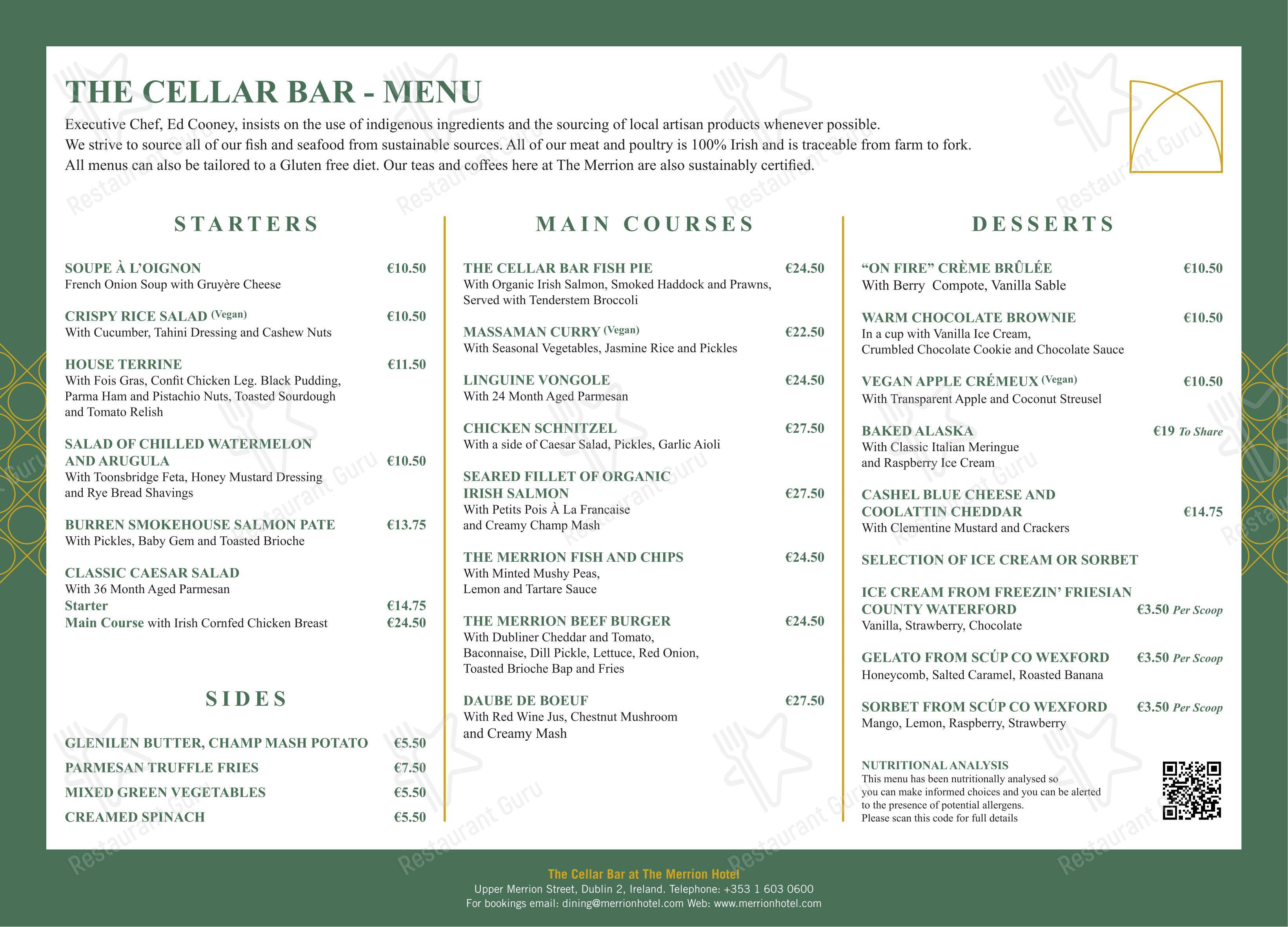 Menu at The Cellar Bar, Dublin