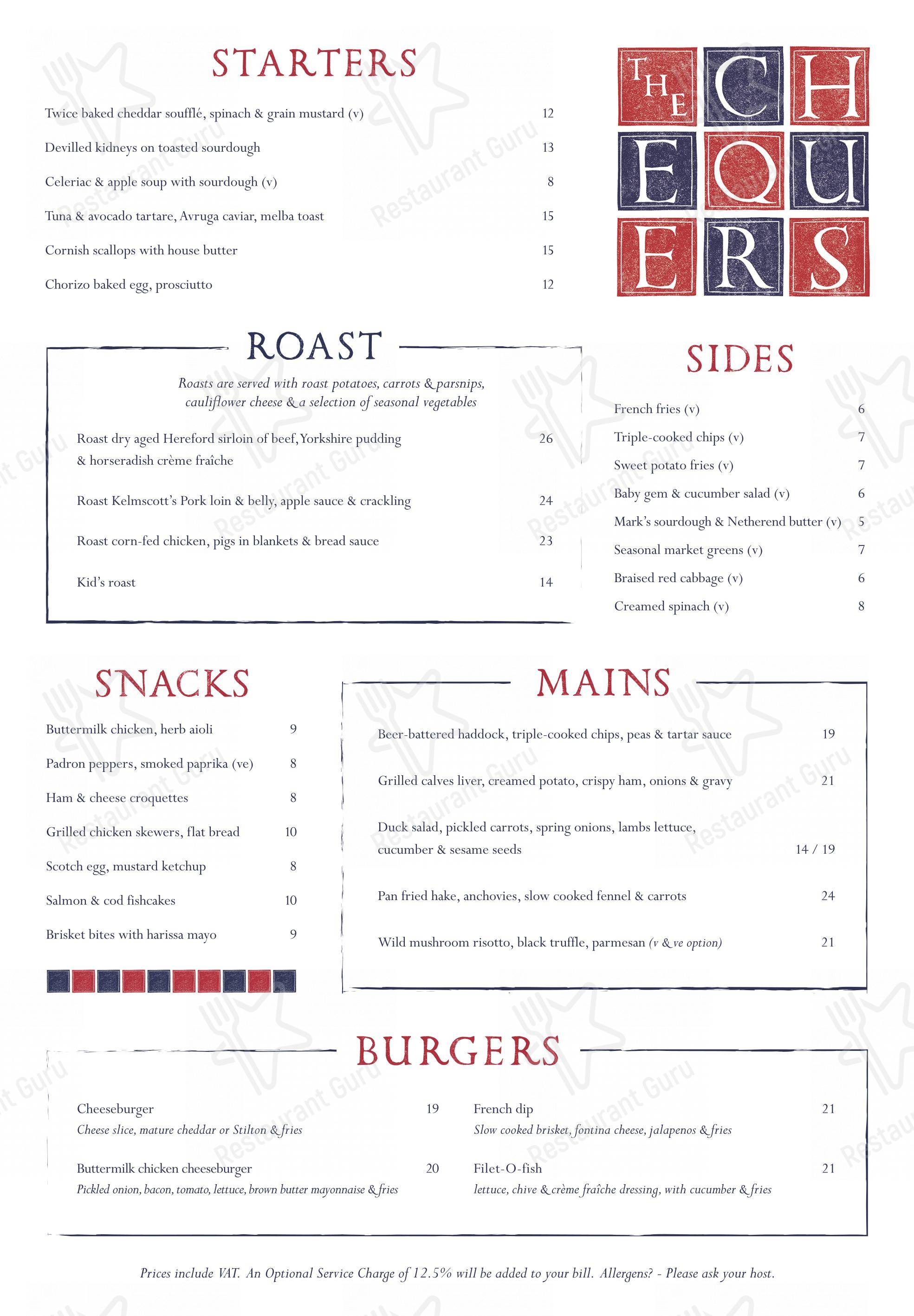Menu at The Chequers, Cotswolds pub & bar, Chipping Norton