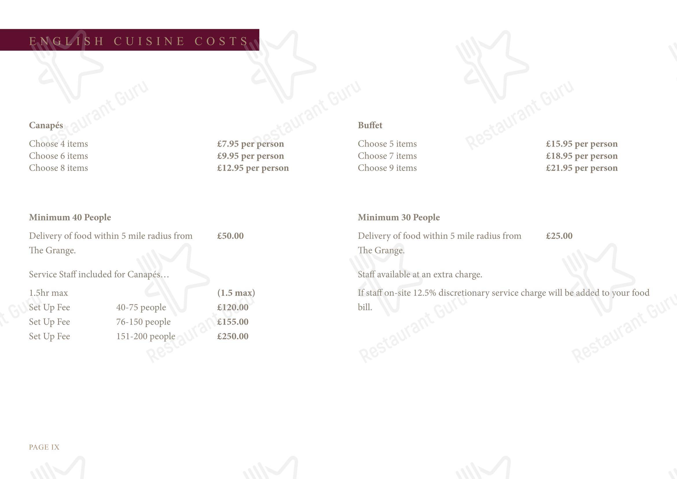 Menu at The Grange Restaurant, Wallington, Beddington Park