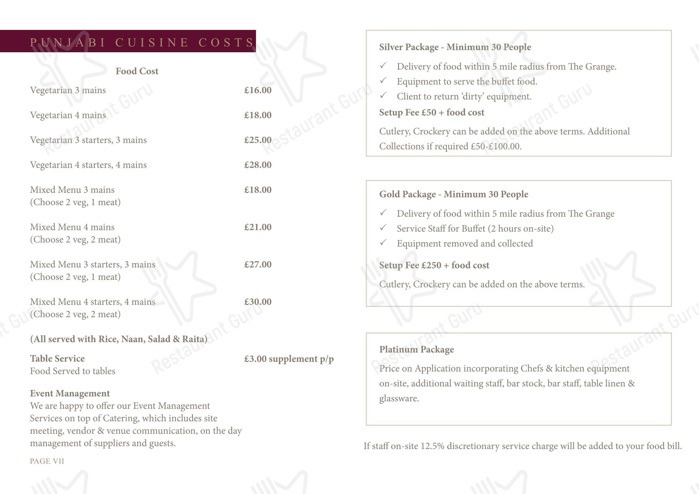 Menu at The Grange Restaurant, Wallington, Beddington Park