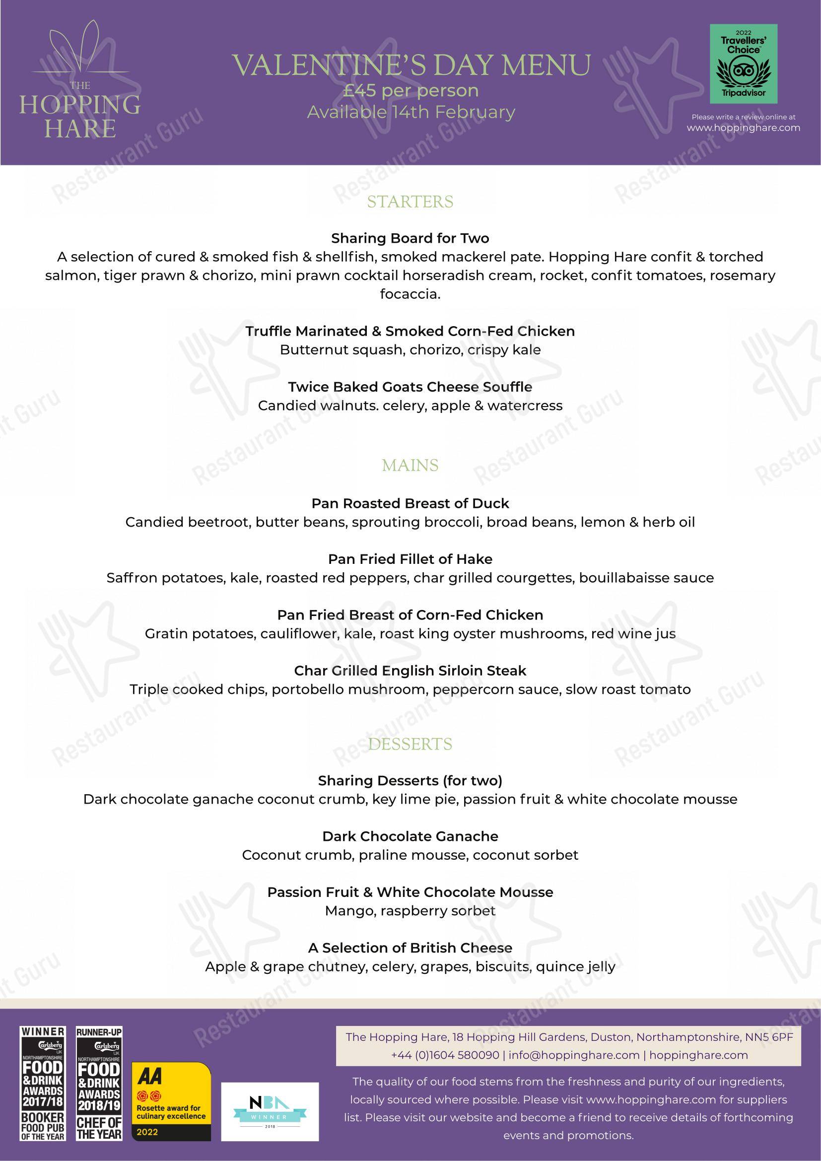 Menu at The Hopping Hare restaurant, Northampton