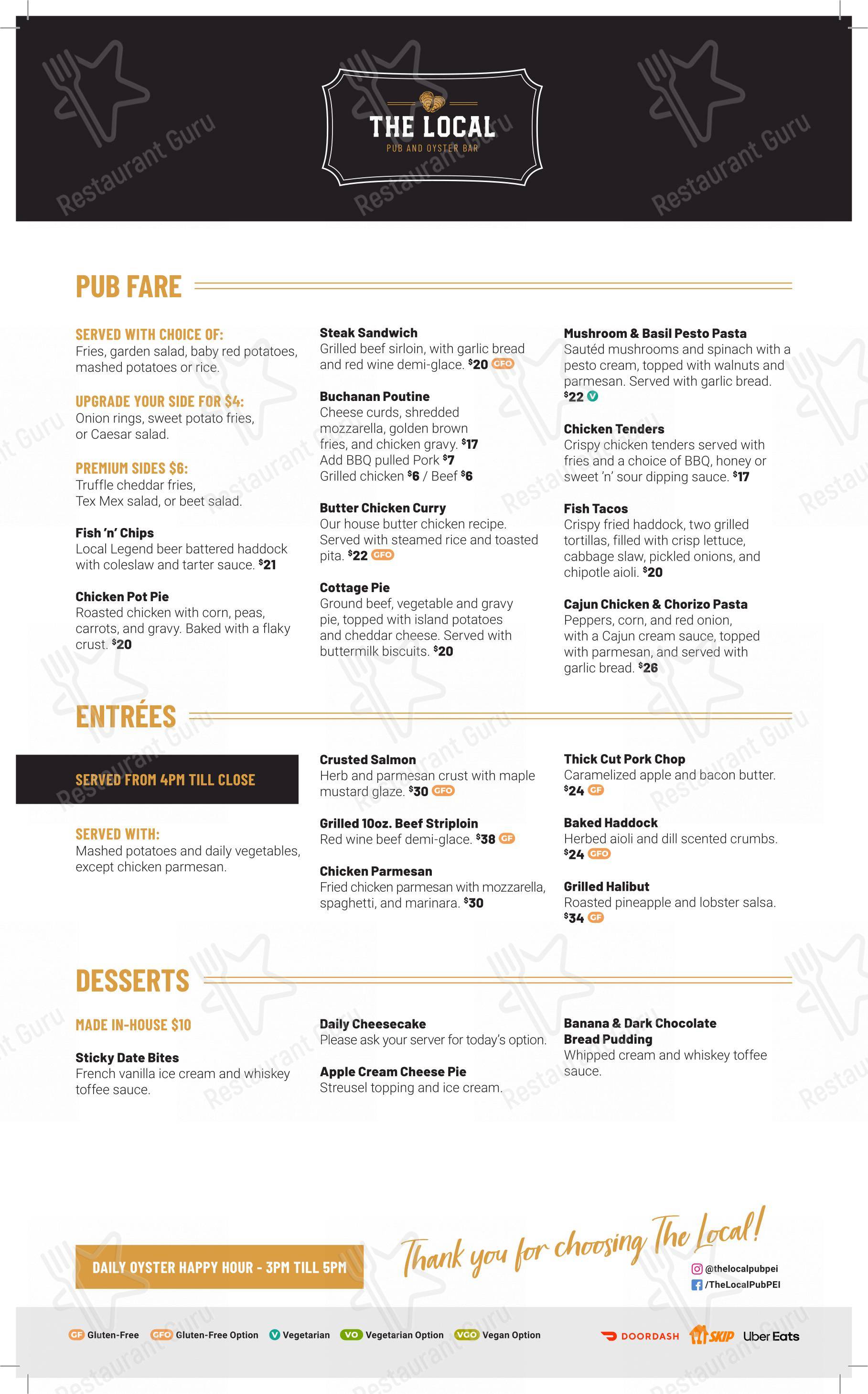 Menu at The Local Pub and Oyster Bar, Charlottetown