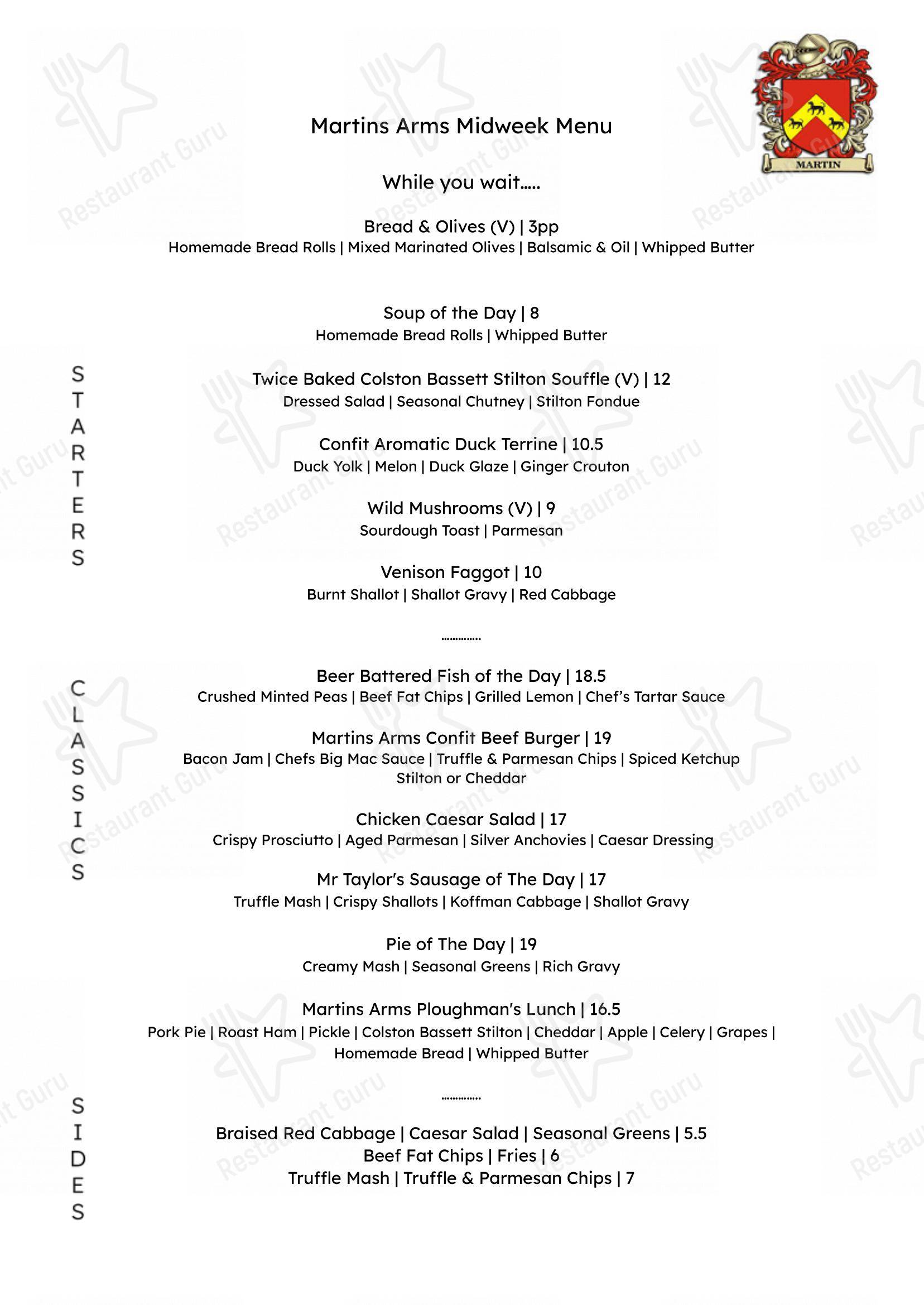 Menu at The Martins Arms pub & bar, Colston Bassett