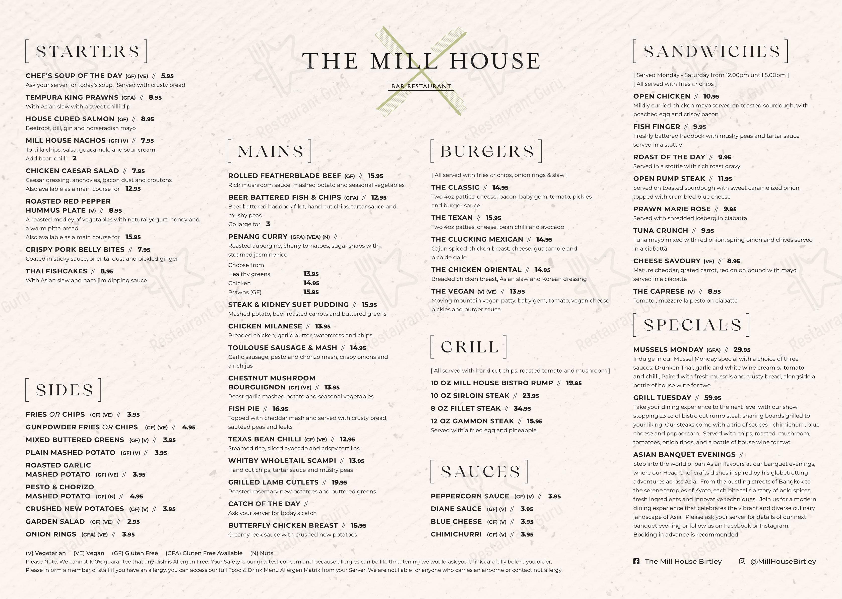 Menu at The Mill House pub & bar, Birtley