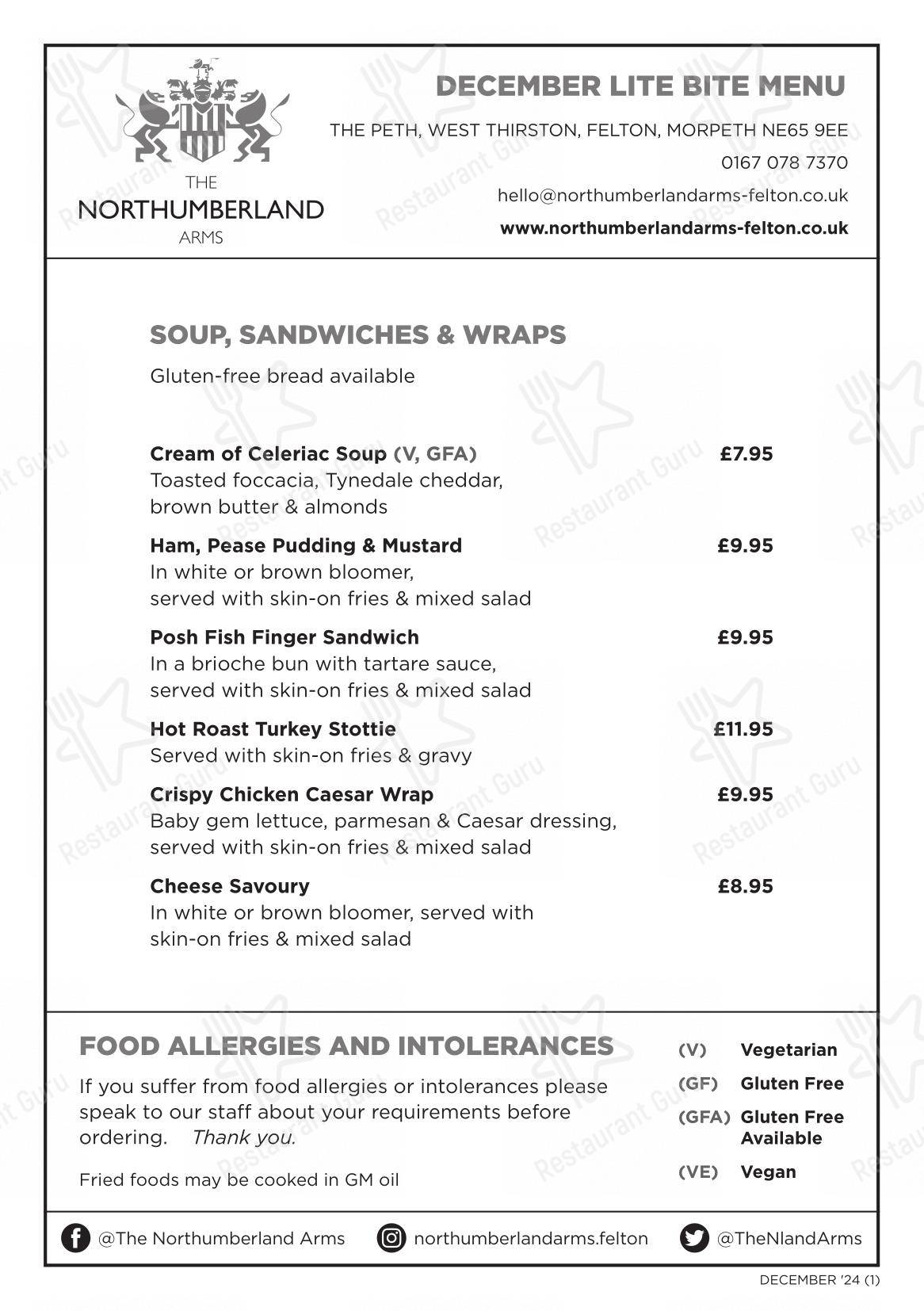 Menu at The Northumberland Arms pub & bar, Felton