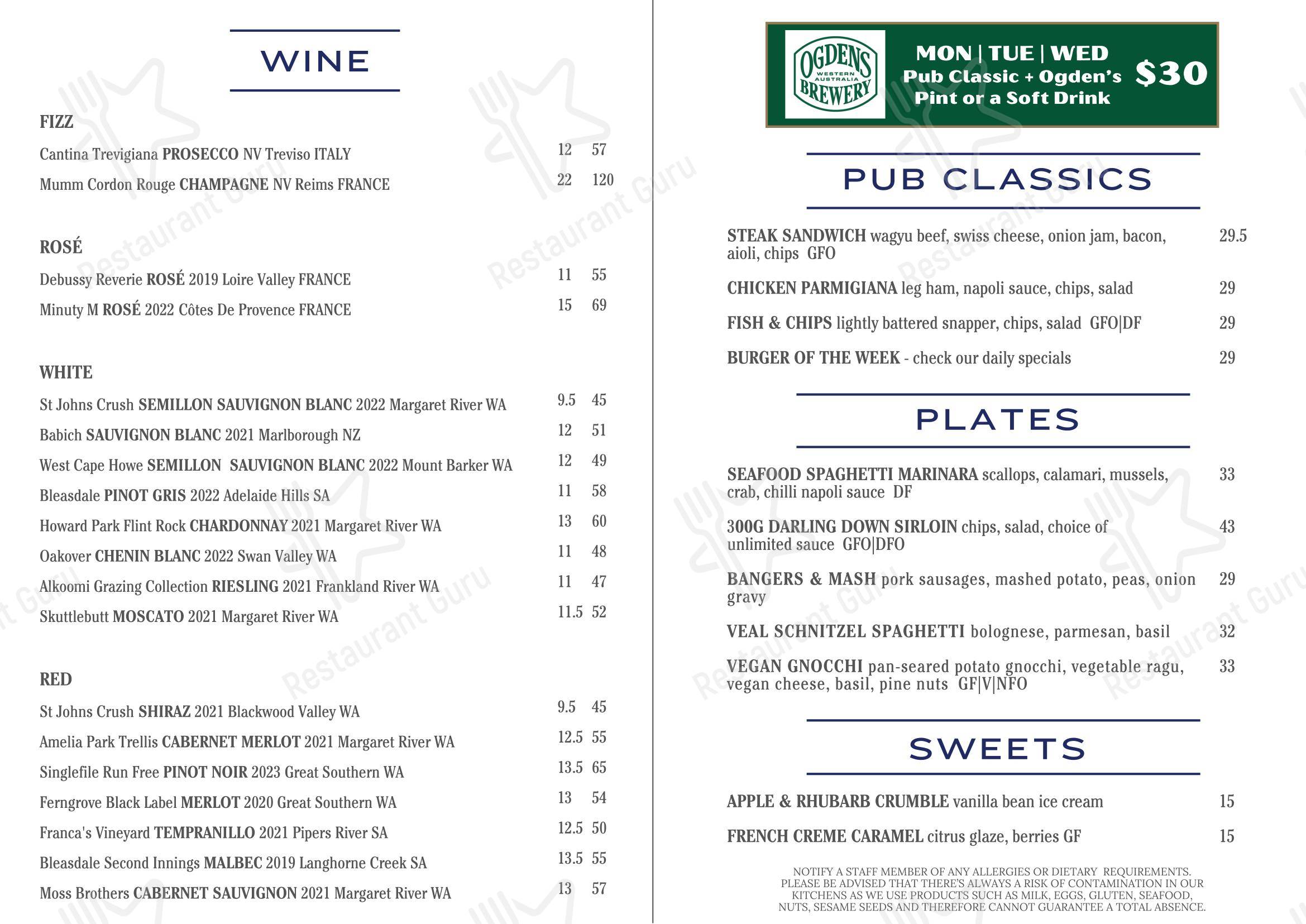 Menu at The Windsor Hotel restaurant, South Perth