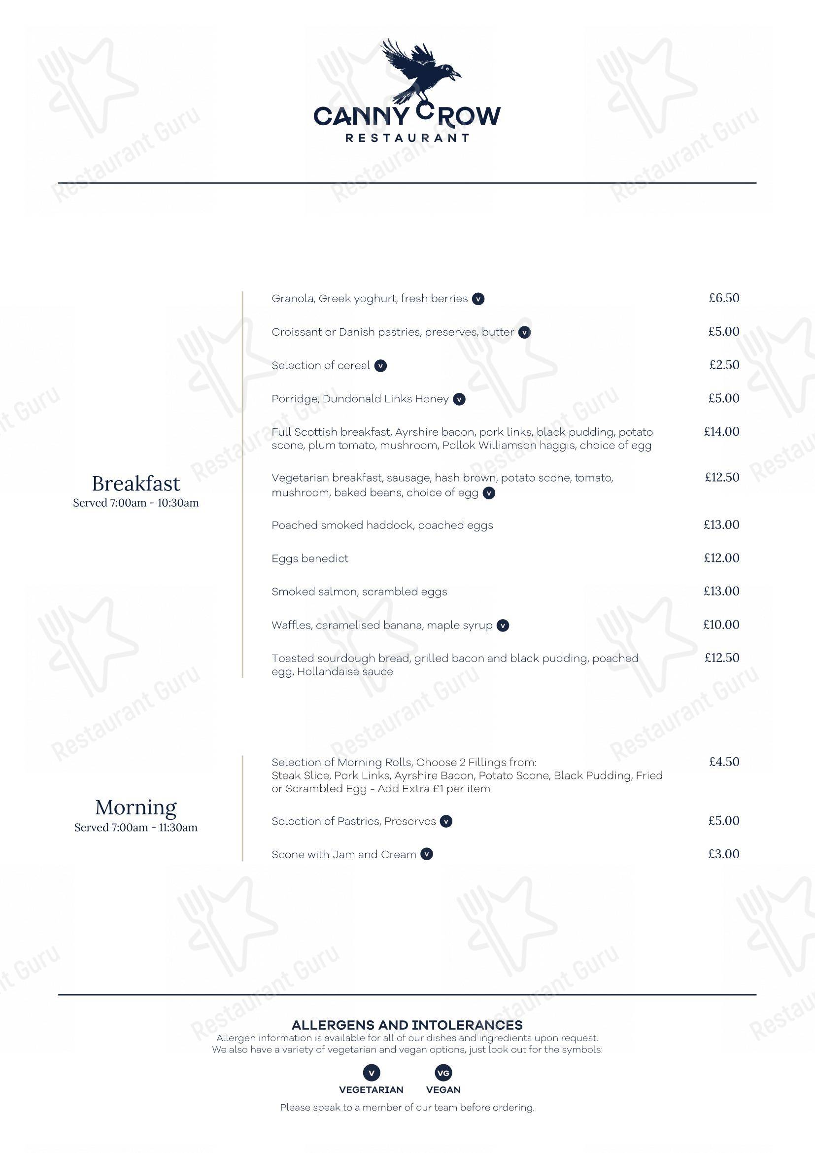 Menu at The canny crow restaurant, Irvine