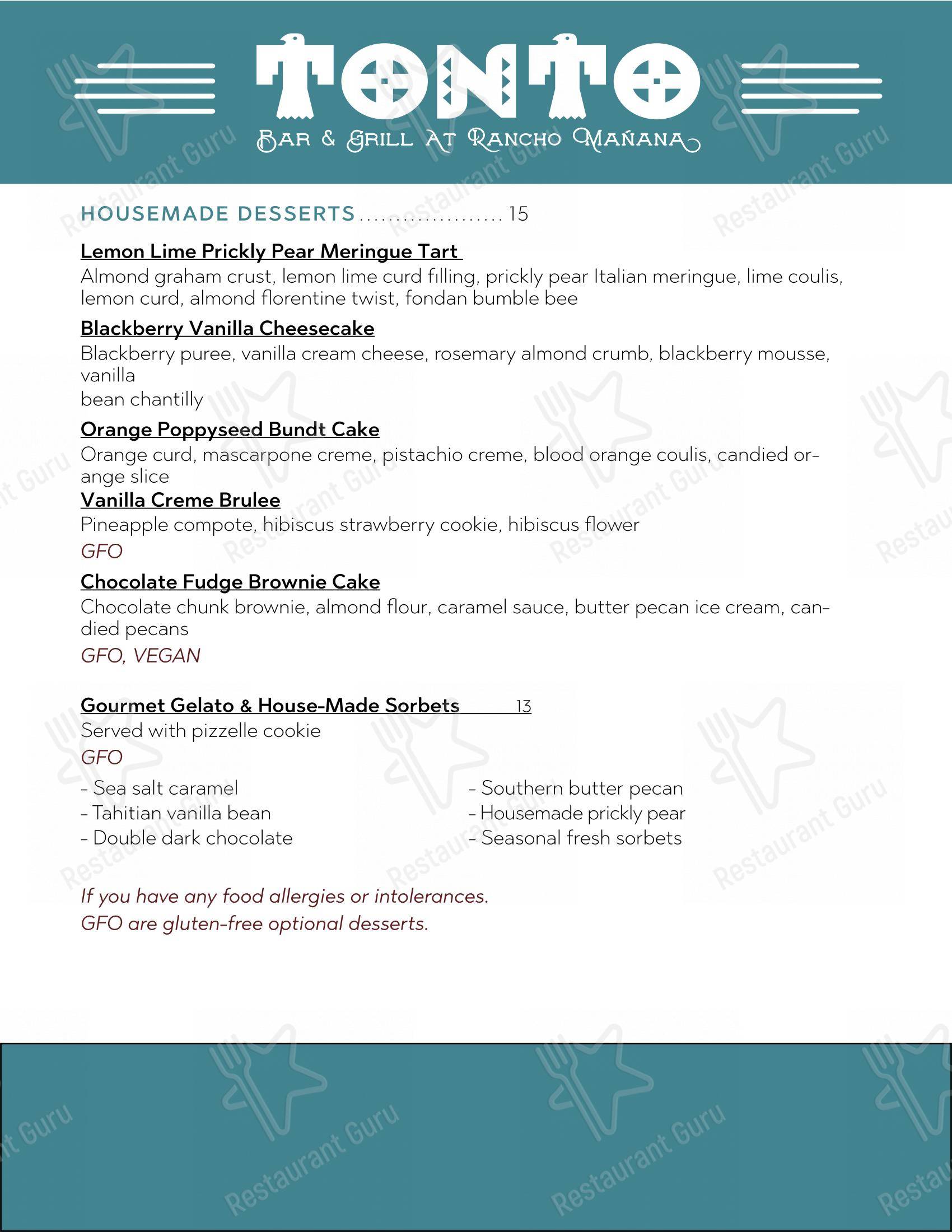 Menu at Tonto Bar & Grill, Cave Creek