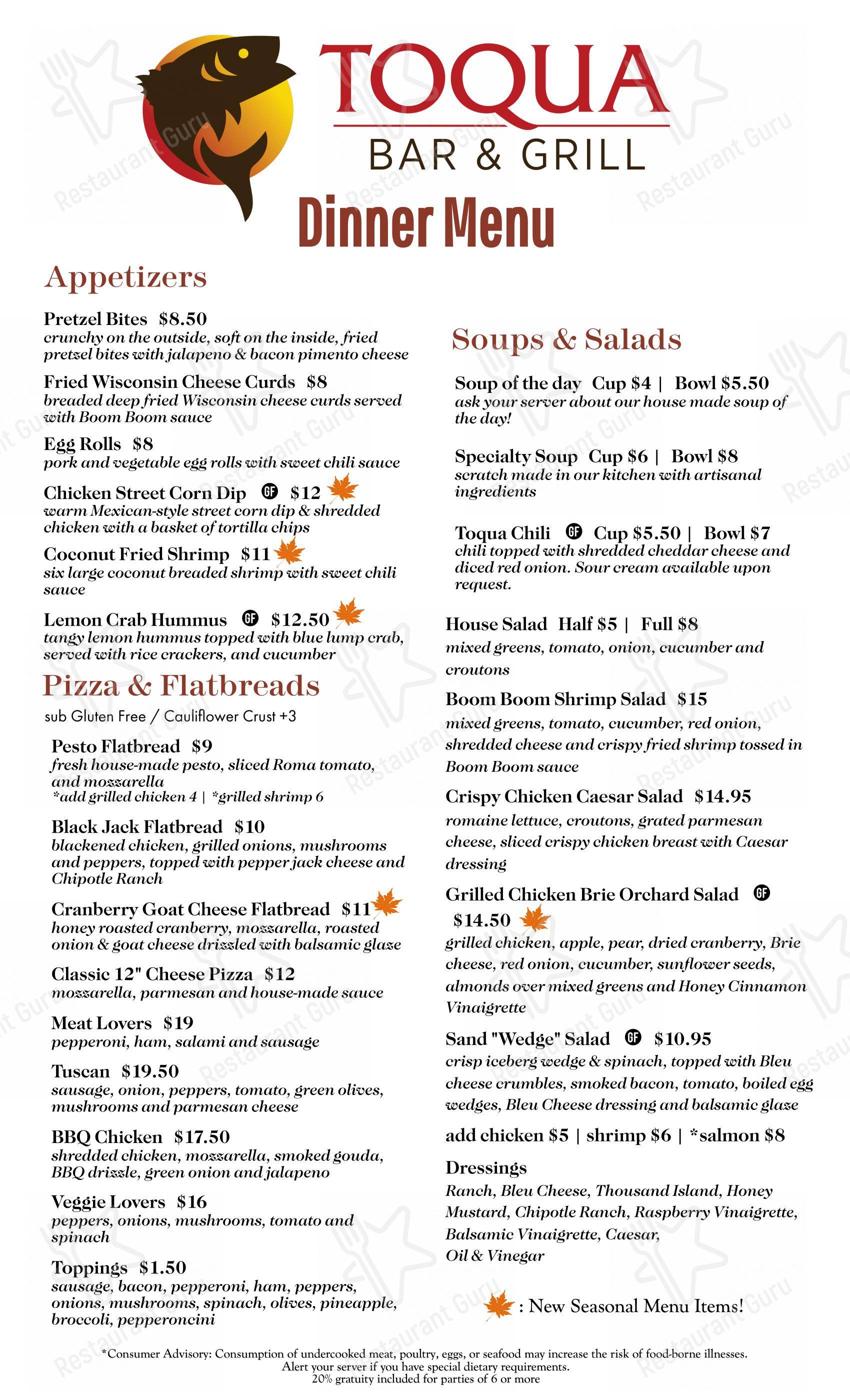 Menu at Toqua Bar & Grill, Loudon, 200 Toqua Club Way #2334
