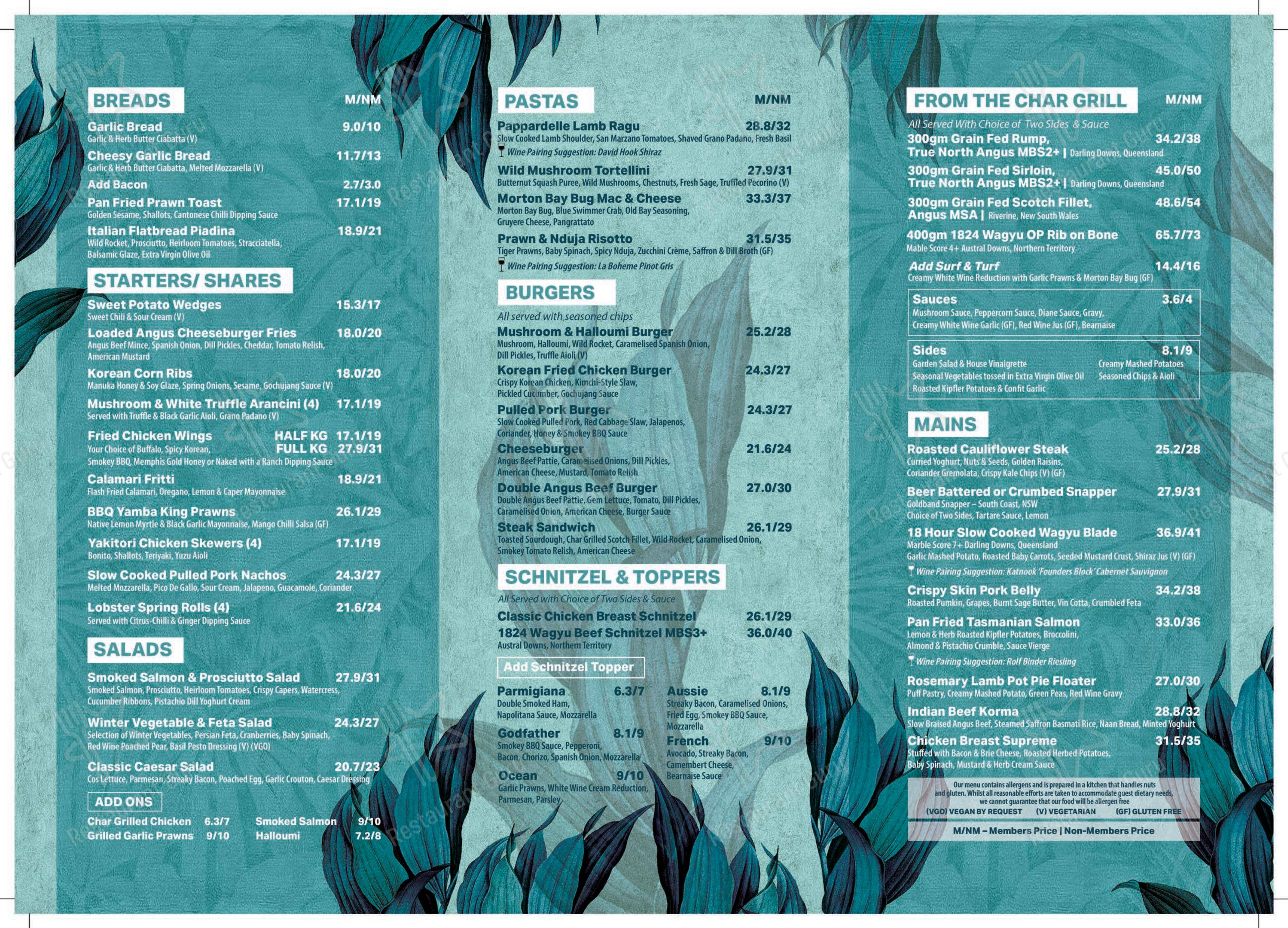Menu at Warners At The Bay Motel pub & bar, Warners Bay