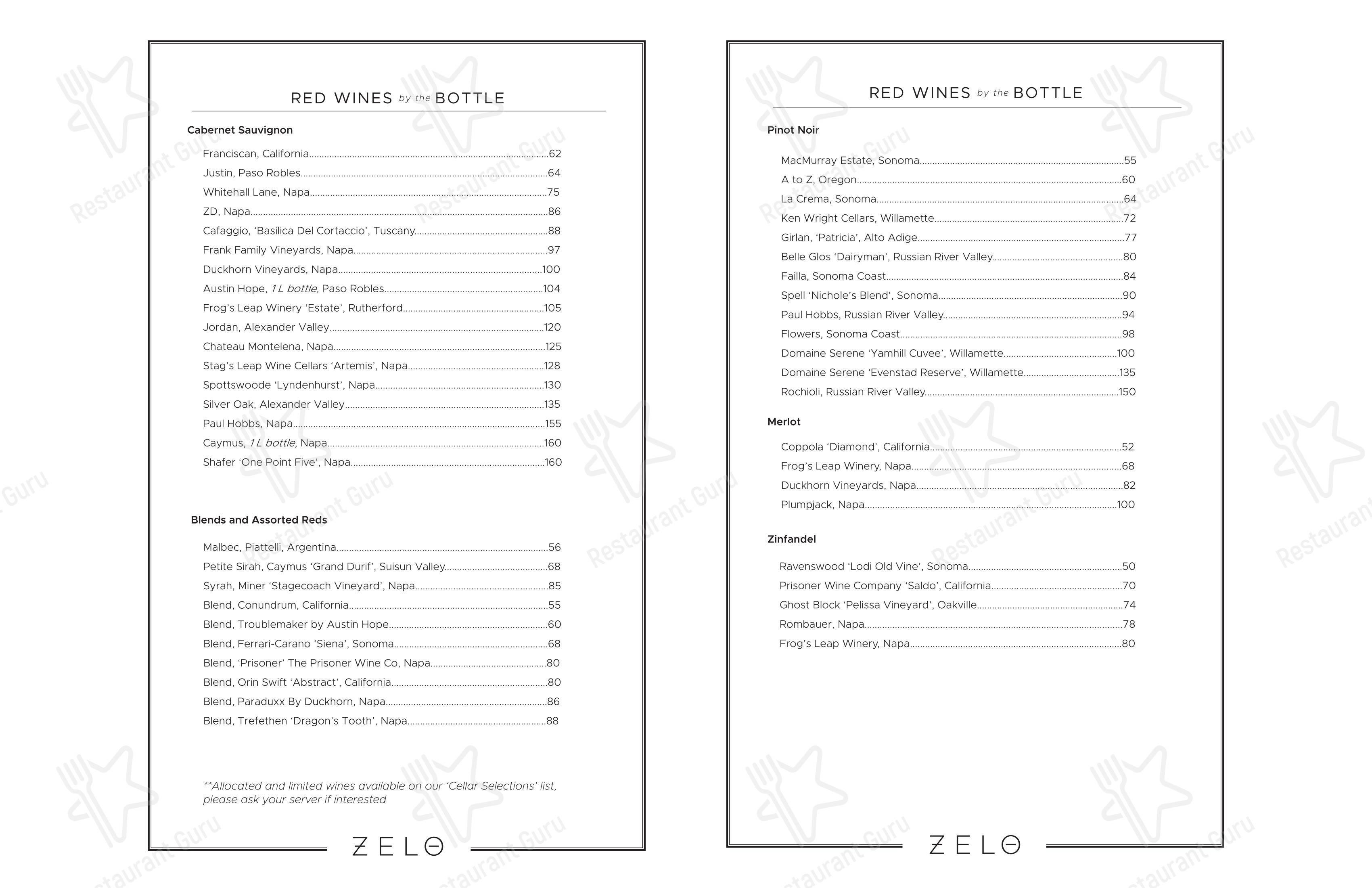 Menu at Zelo restaurant, Minneapolis