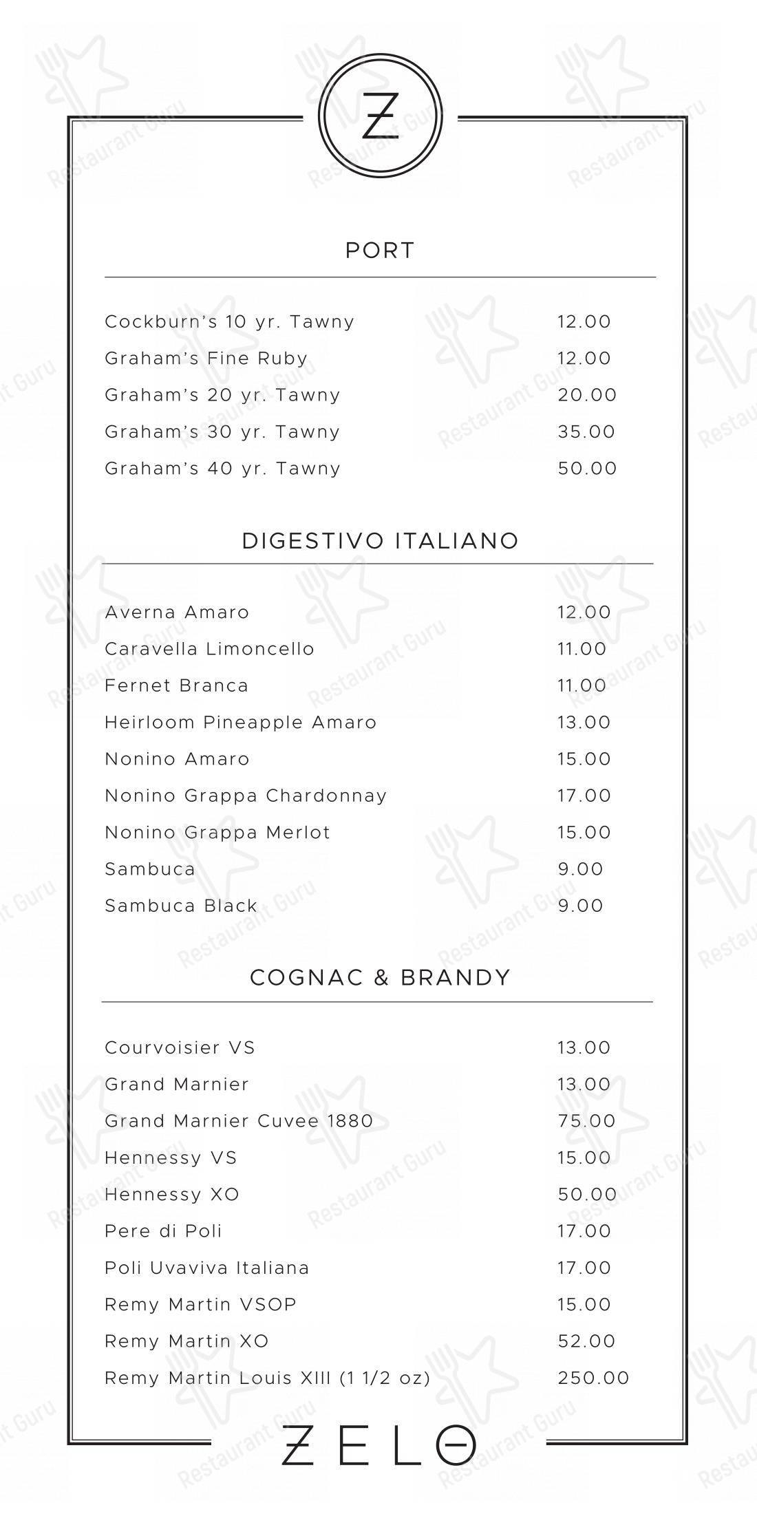 Menu at Zelo restaurant, Minneapolis