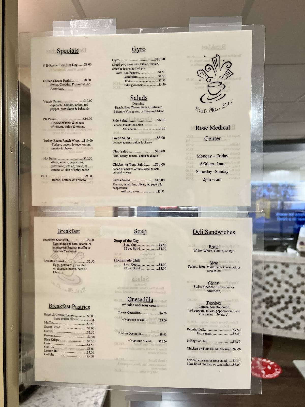 Menu at rose medical center cafe, Denver