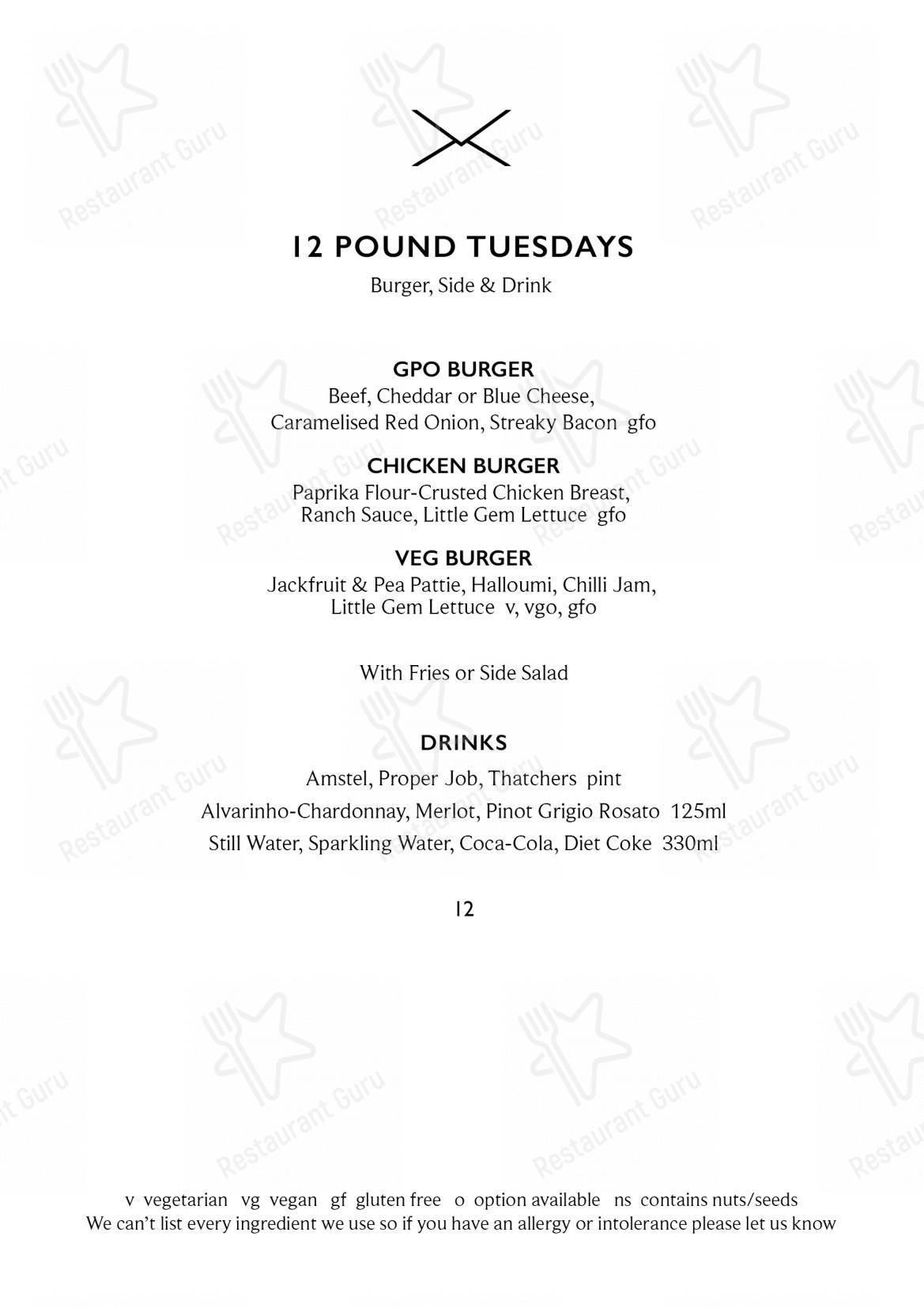 Menu at Orpington GPO pub & bar, Orpington