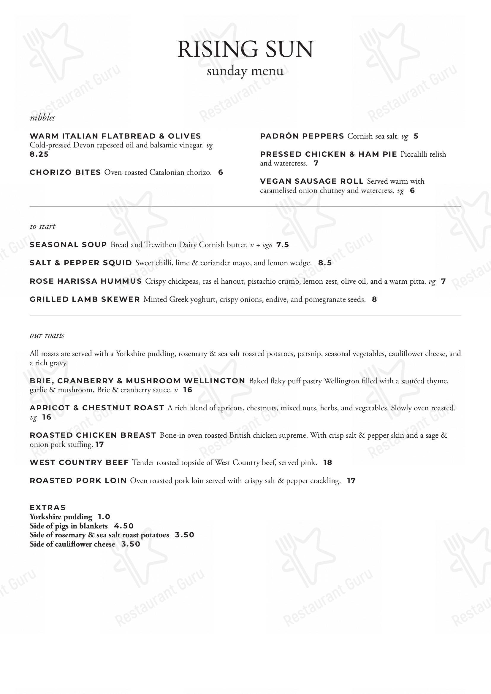 Carta del pub y bar Rising Sun, St Mawes, Saint Mawes
