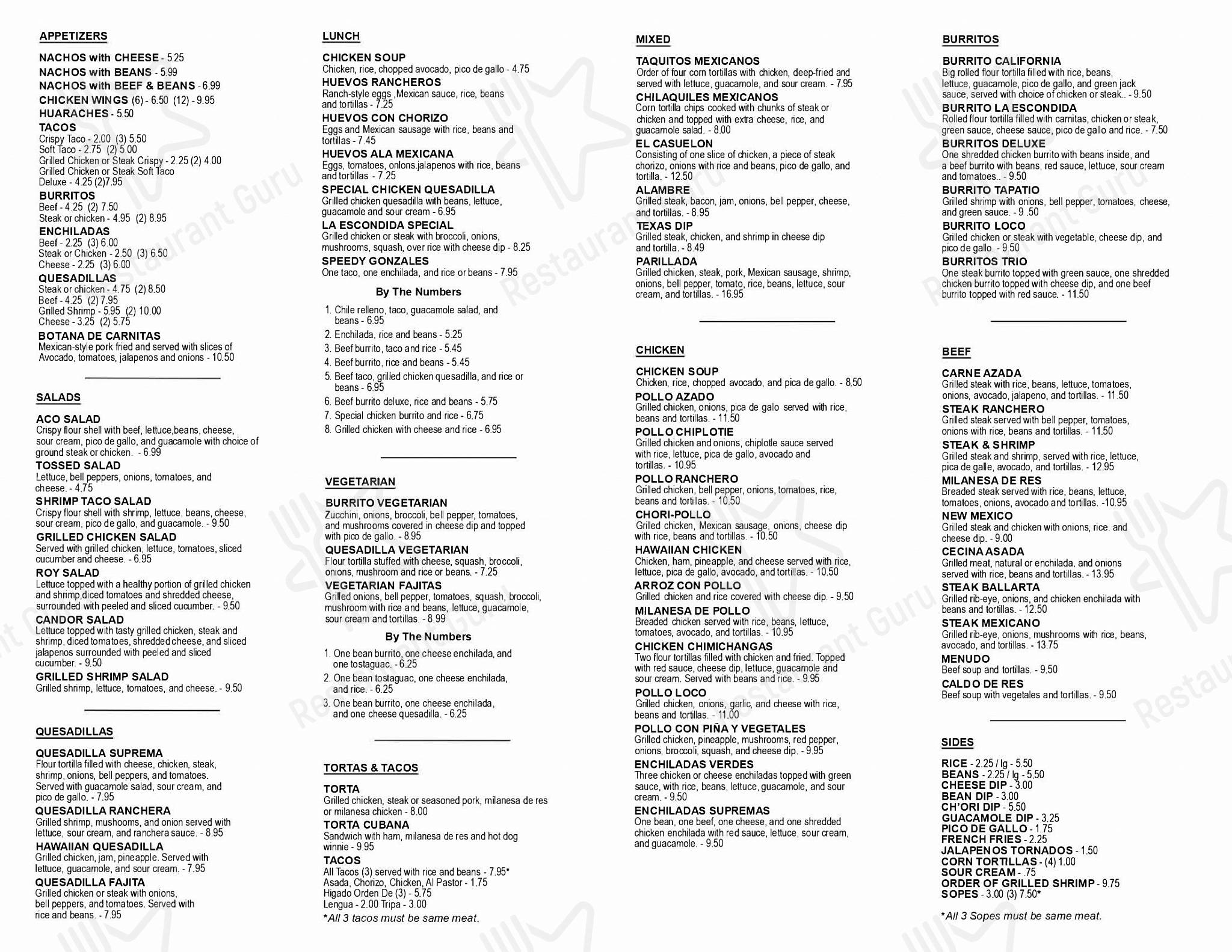 Menu at Cuatro Caminos Mexican Restaurant, Candor