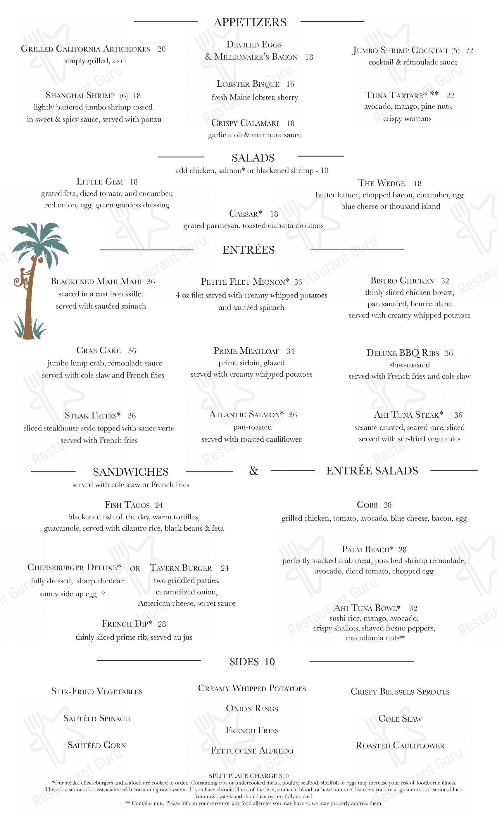 Menu at the River House restaurant, Palm Beach Gardens, PGA Boulevard