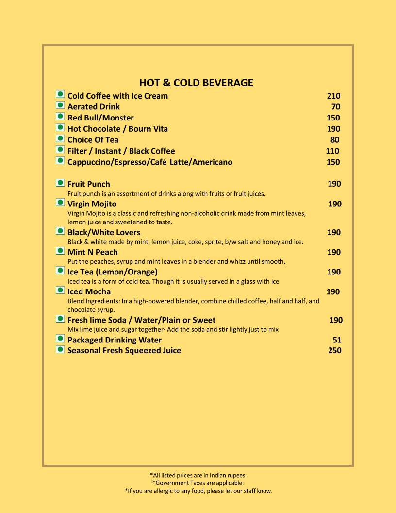 Menu at Aureate Flavour of India, India