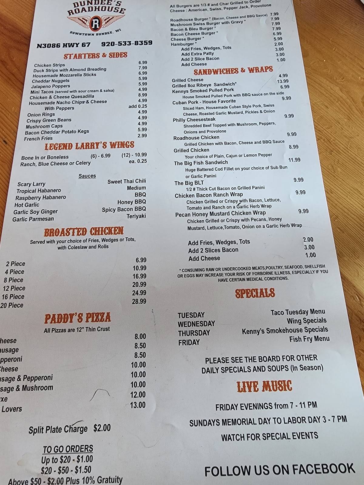 Menu at Dundee's Roadhouse pub & bar, USA