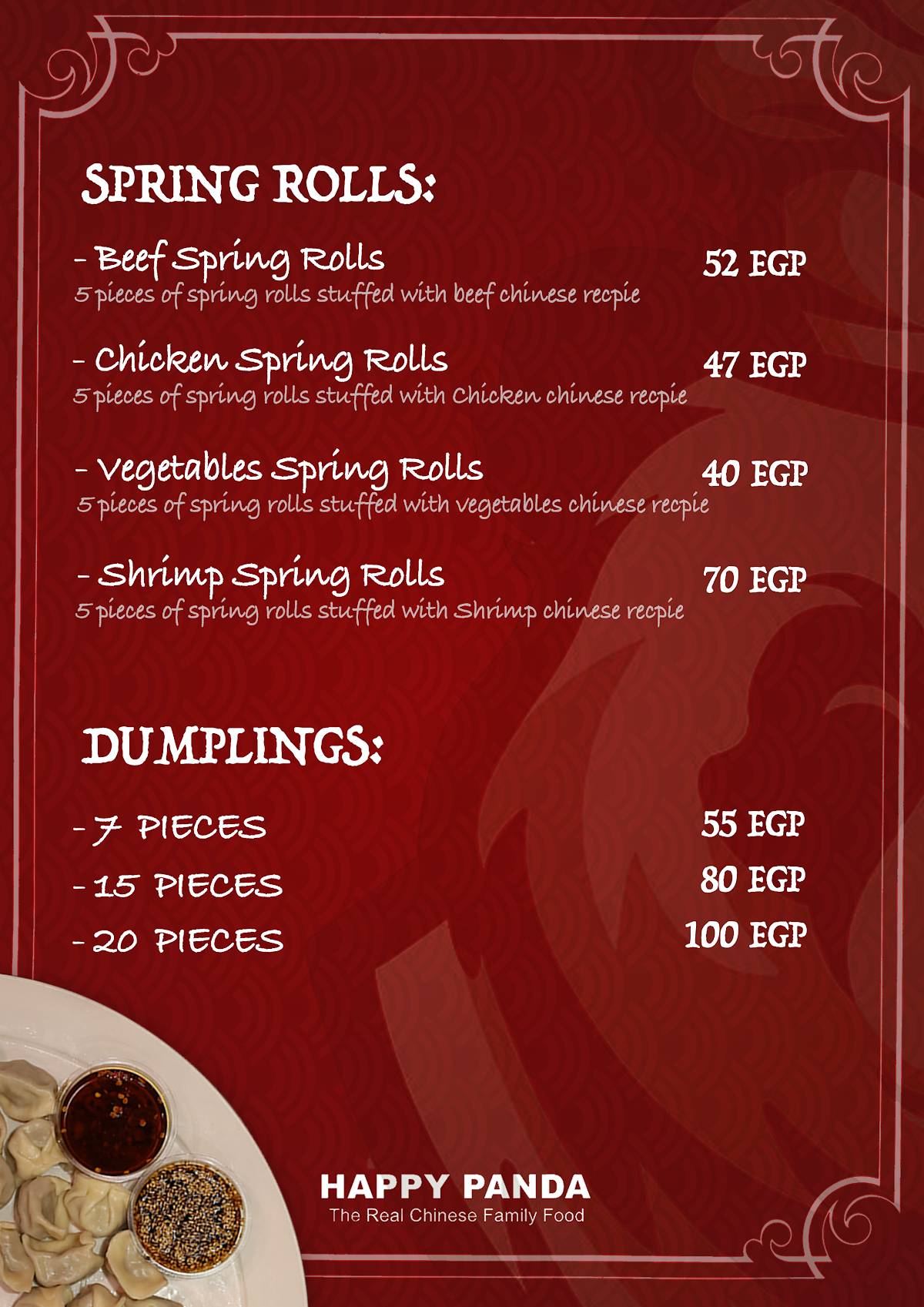 Menu at Happy panda restaurant, Cairo